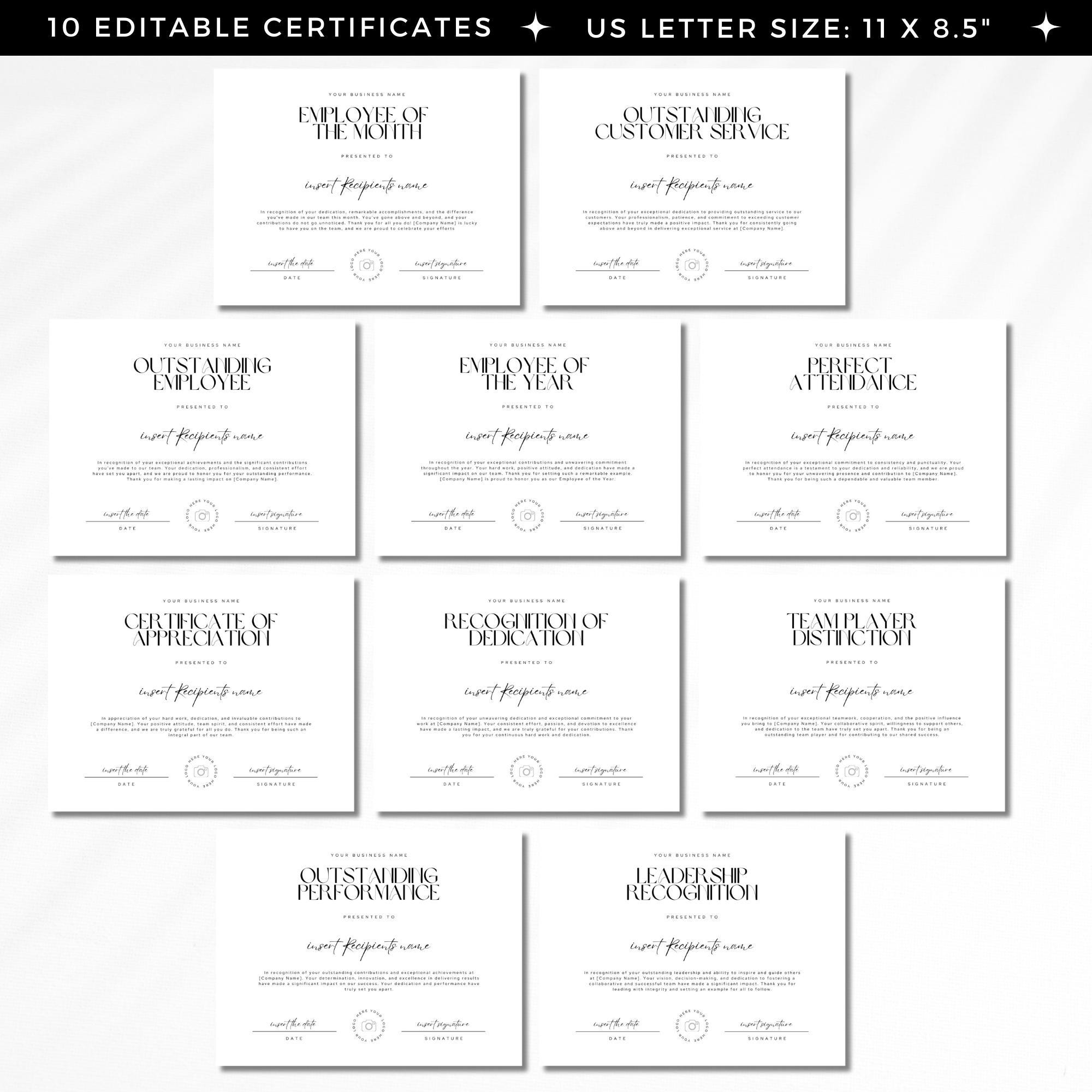10 Employee Certificate Templates, INSTANT DOWNLOAD, Printable Awards ...
