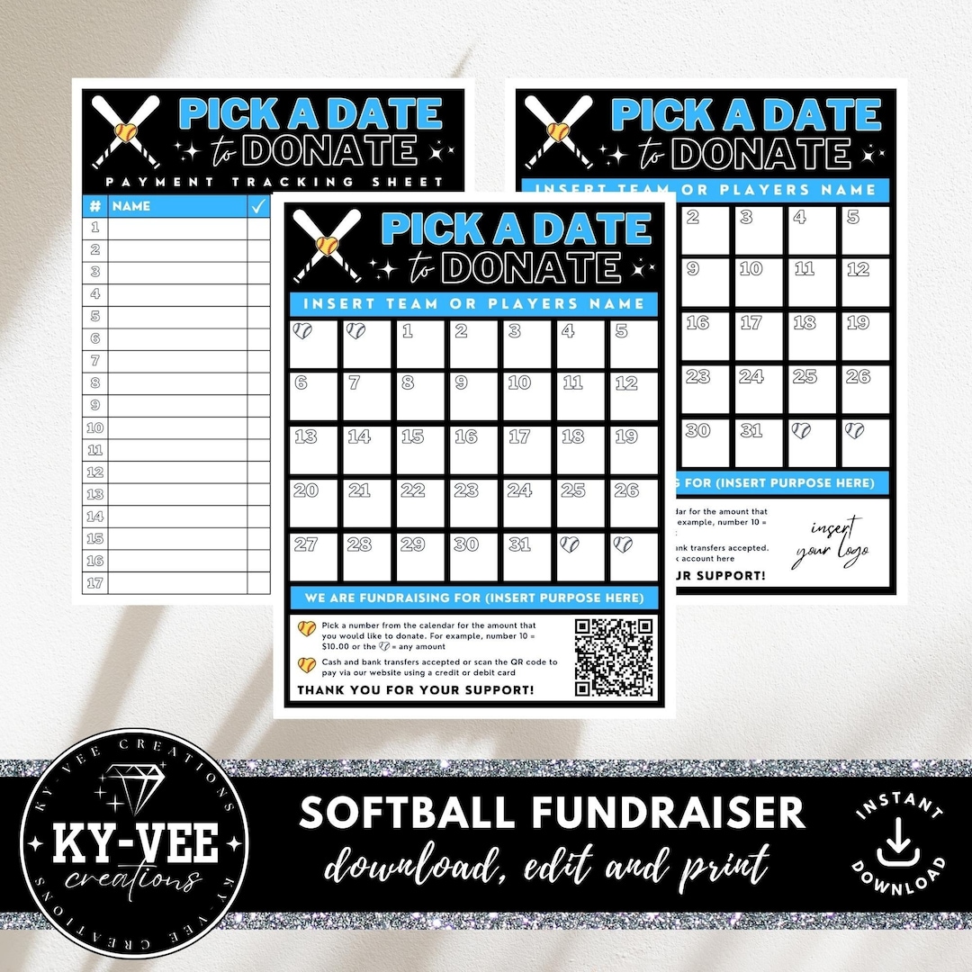 Donation Calendar Softball, Pick a Date to Donate Fundraiser, Editable ...