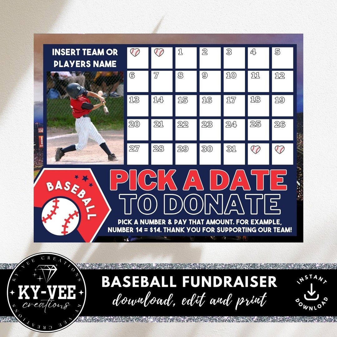 Pick a Date to Donate Baseball Editable Calendar Fundraiser Template ...