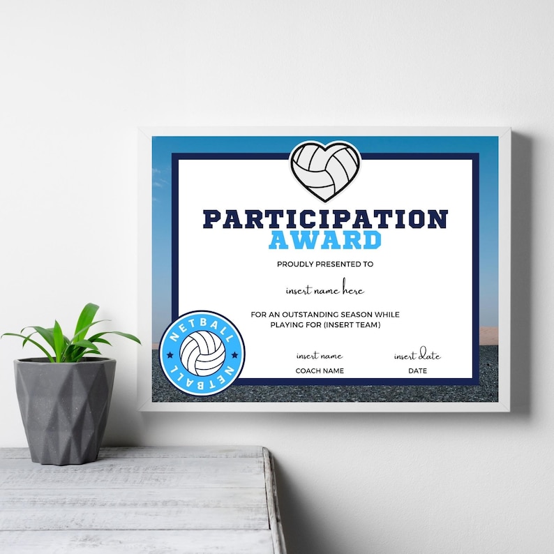 Netball Certificate Template, INSTANT DOWNLOAD, Printable Participation ...