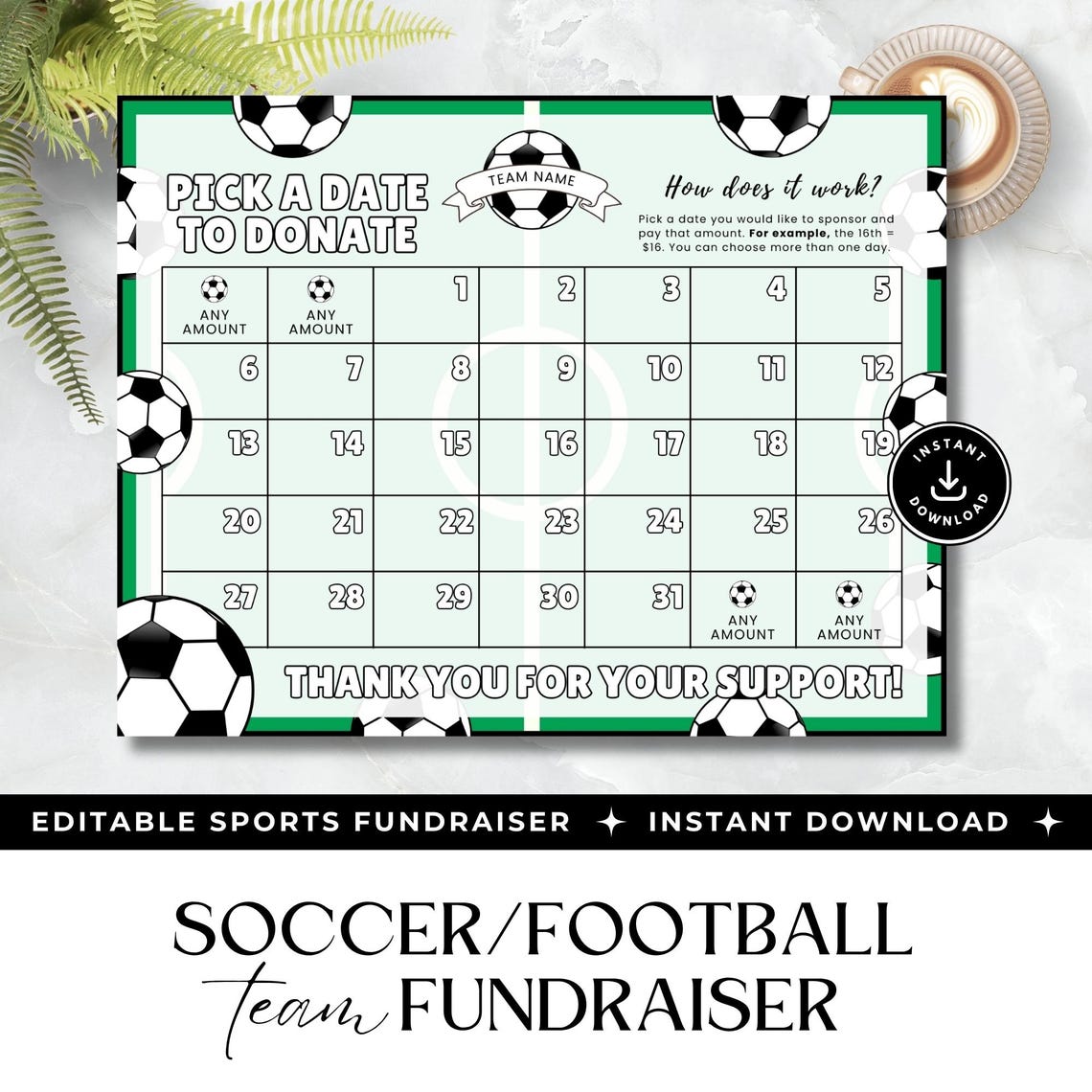 Soccer Donation Calendar, Football Fundraiser Chart, Team Sponsor ...