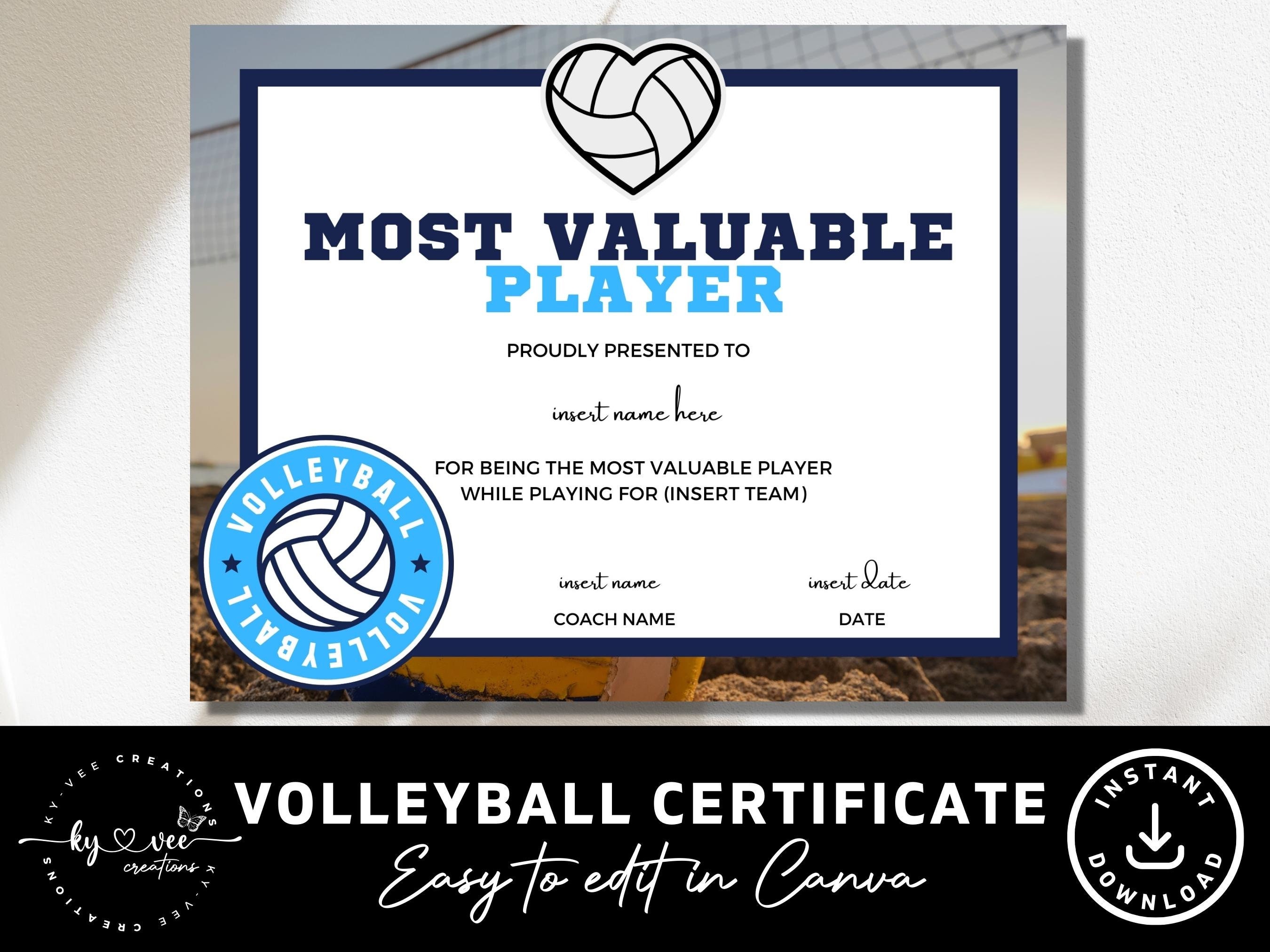 Volleyball Certificate Template INSTANT DOWNLOAD Most - Etsy UK