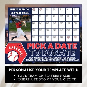 Pick a Date to Donate Baseball Editable Calendar Fundraiser Template ...