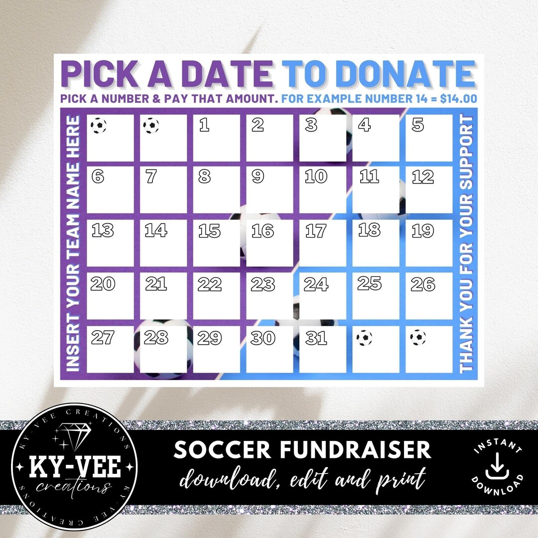 Pick a Date to Donate Football/soccer Editable Calendar, Pay the Day ...