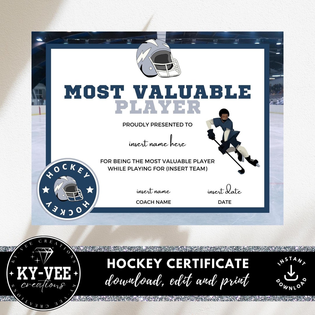 Hockey Certificate Template, INSTANT DOWNLOAD, Printable Most Valuable ...