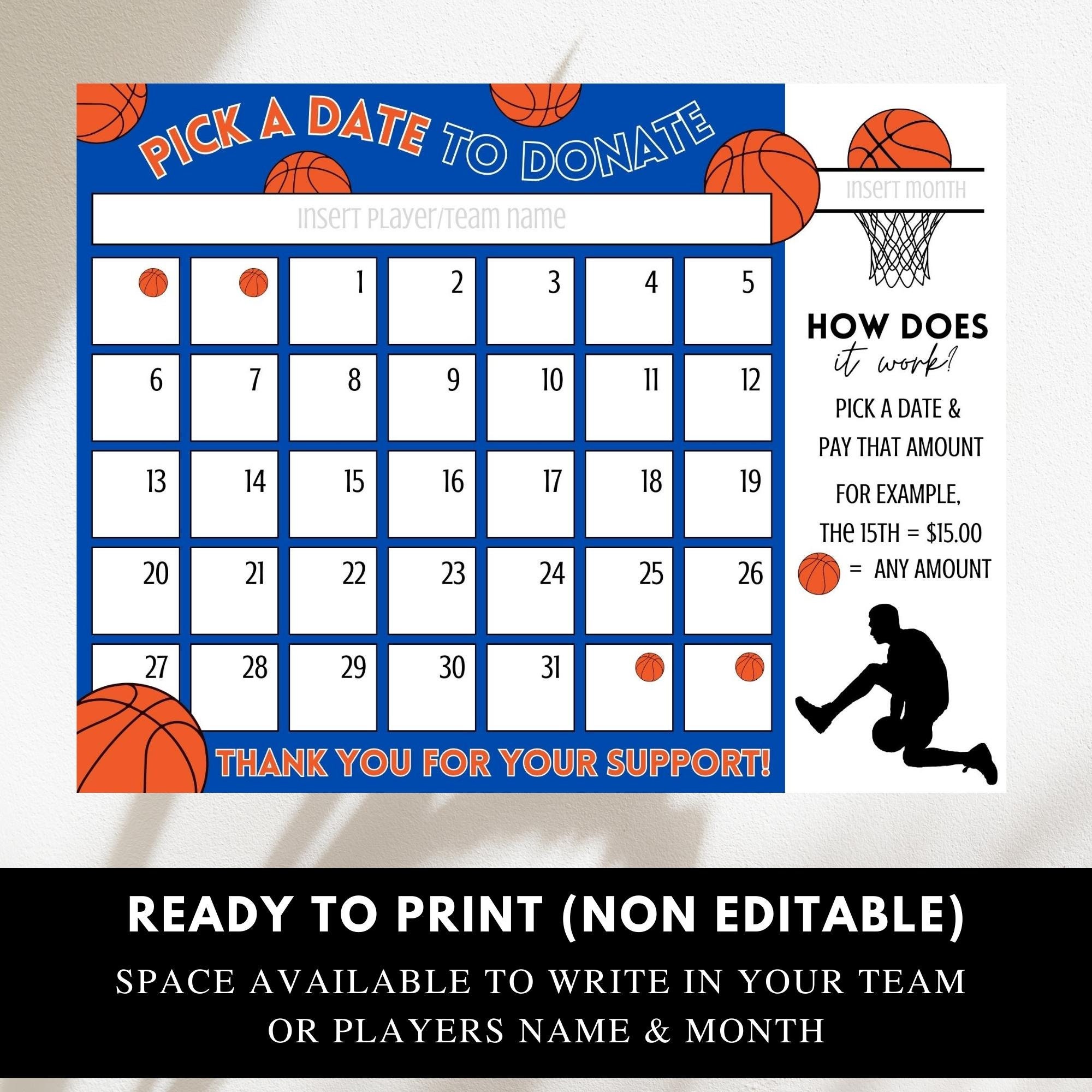 Pick a Date Donate Basketball Calendar, Printable Bball Fundraiser, Pay ...