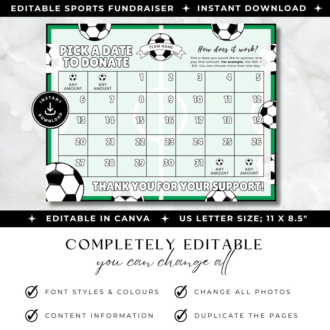 Soccer Donation Calendar, Football Fundraiser Chart, Team Sponsor ...