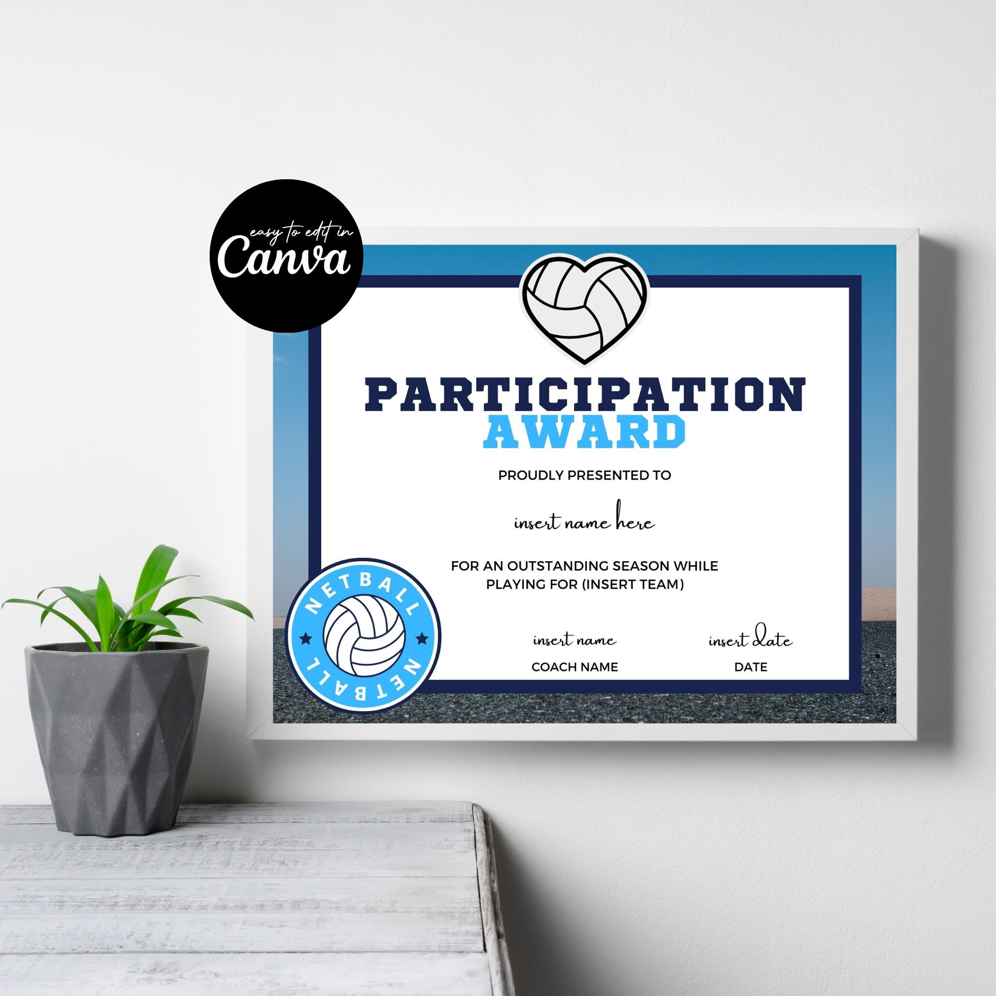 Netball Certificate Template INSTANT DOWNLOAD Printable - Etsy Australia