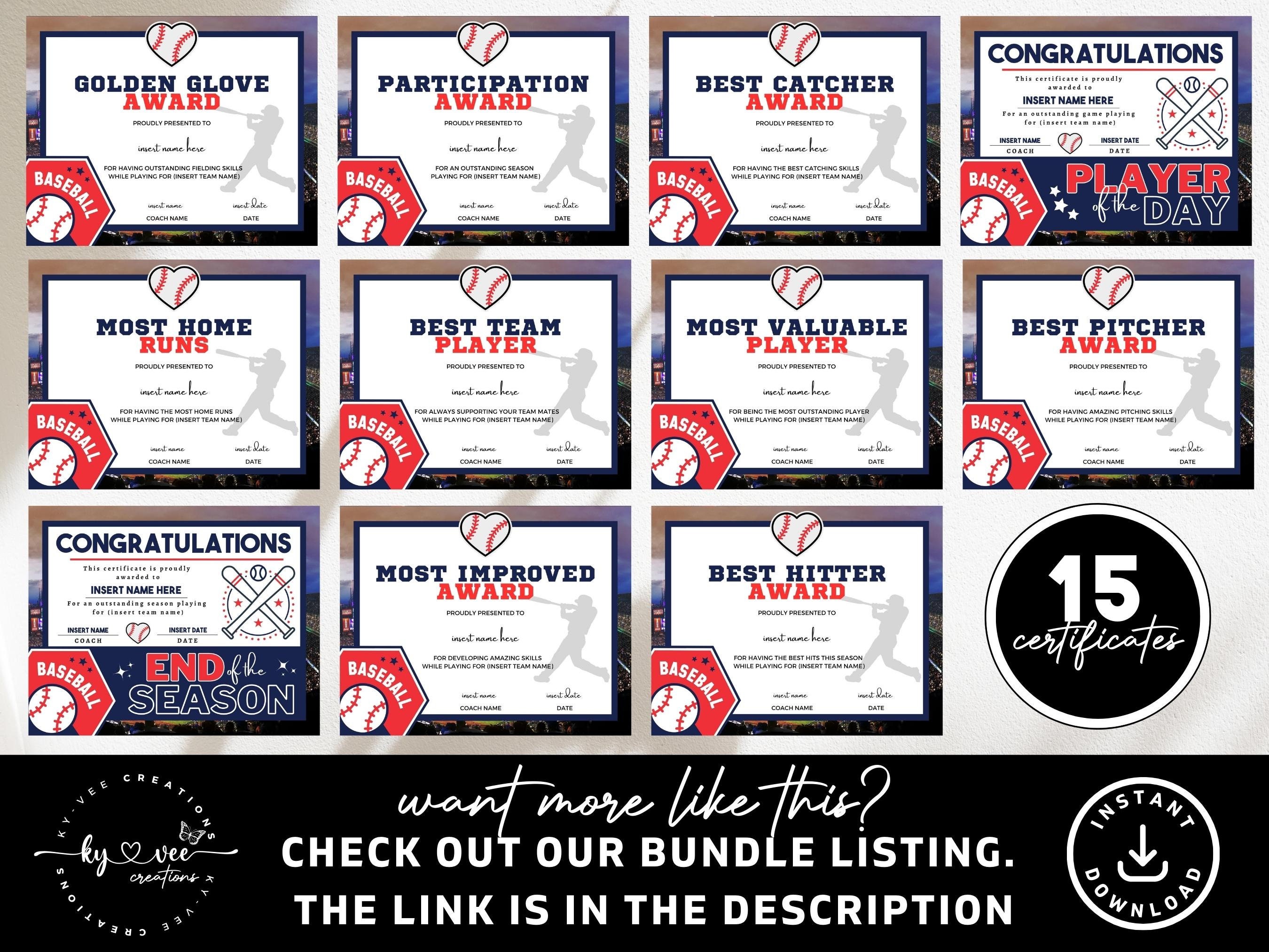 Editable Baseball Certificate Template Player of the Day - Etsy