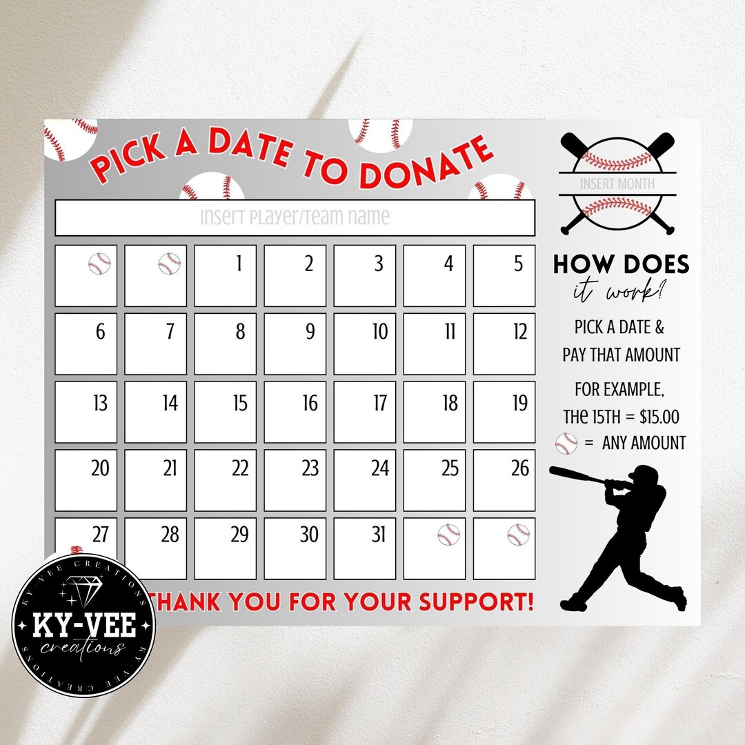 Pick a Date to Donate Baseball Calendar, Printable Fundraiser, Pay the ...