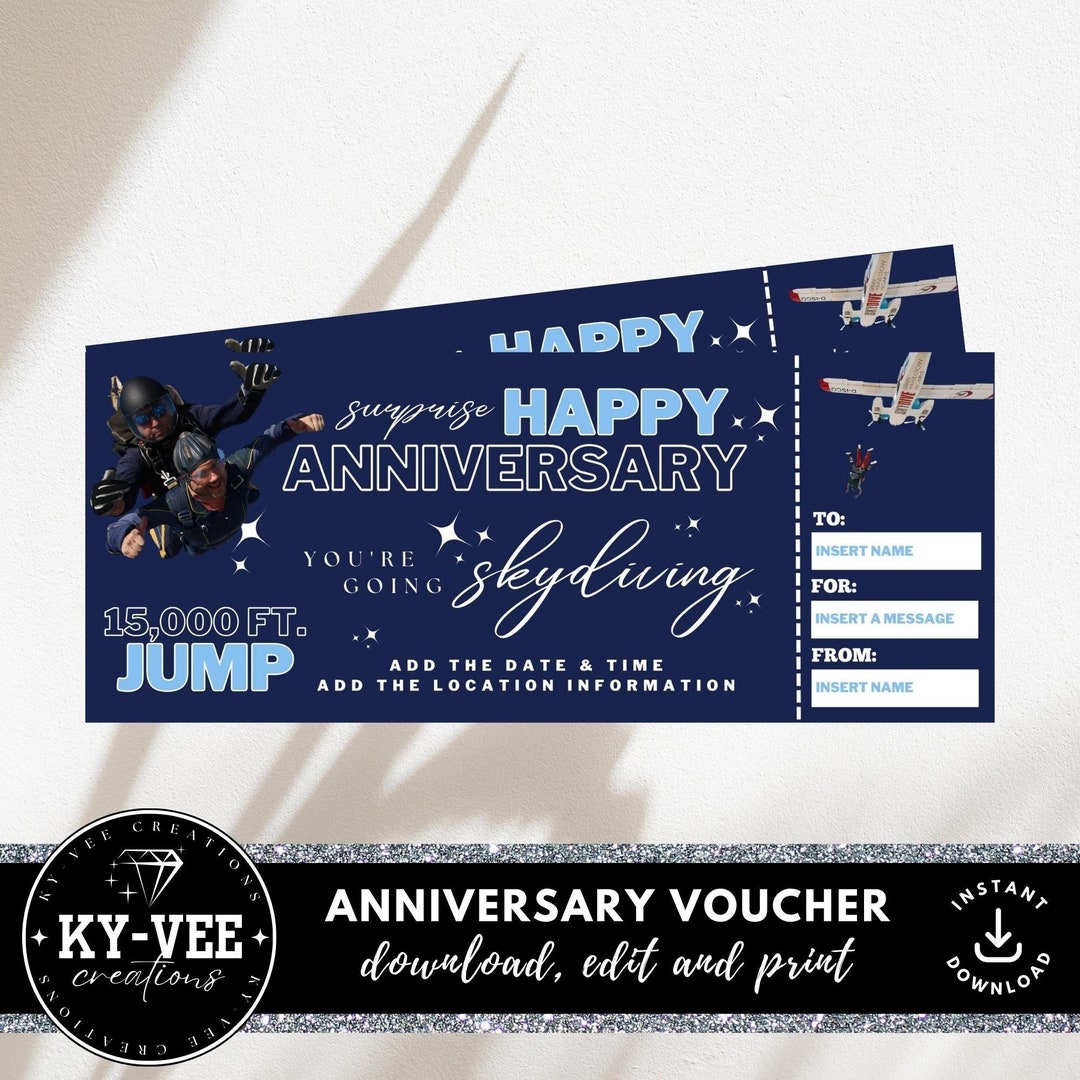 Skydiving Gift Certificate, INSTANT DOWNLOAD, Editable Anniversary Gift ...
