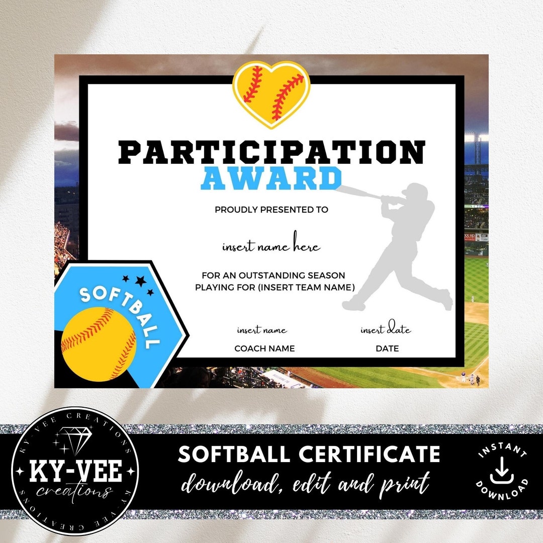 Softball Certificate Template, INSTANT DOWNLOAD, Printable Softball ...