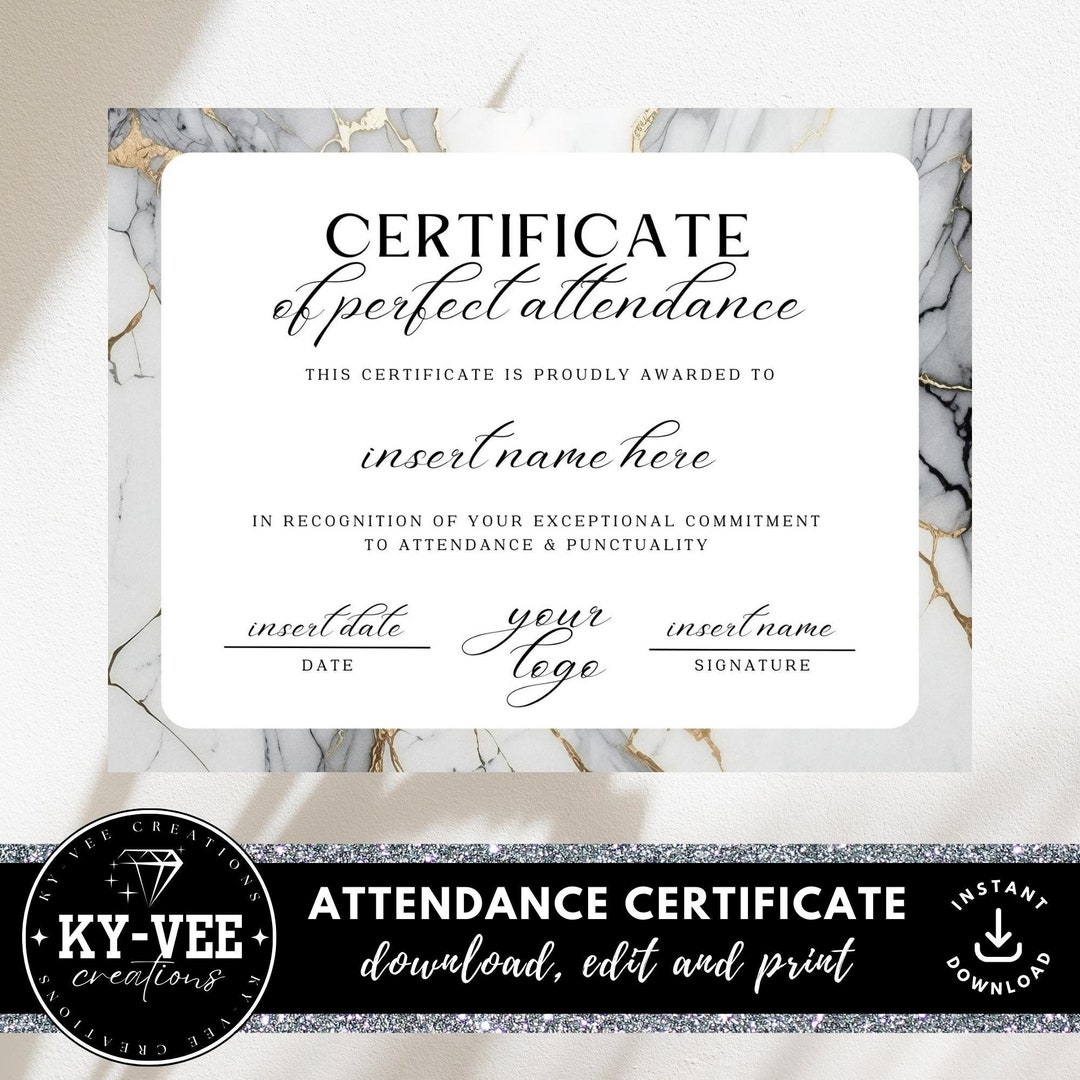 Certificate of Perfect Attendance Template, INSTANT DOWNLOAD, Editable ...