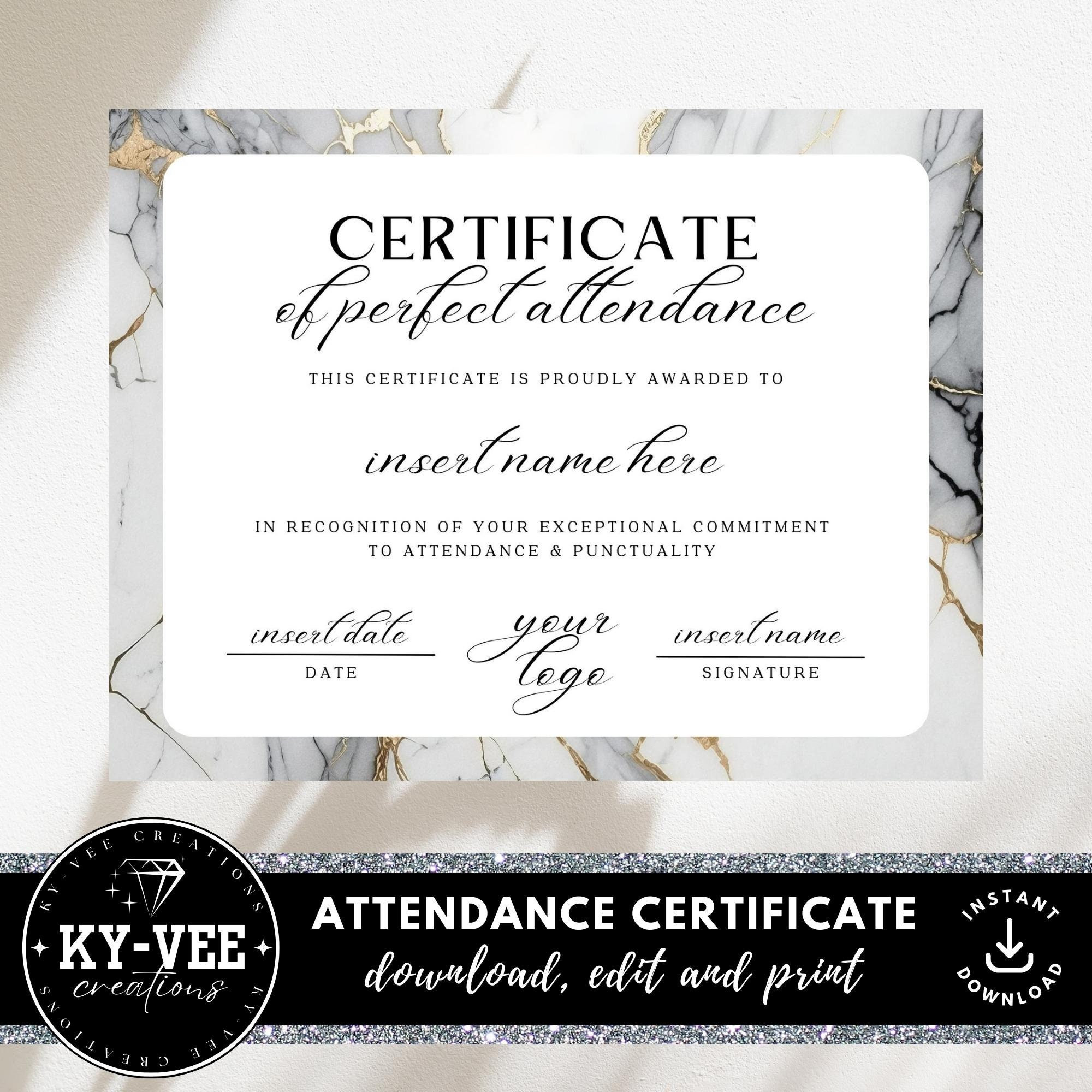 Certificate of Perfect Attendance Template, INSTANT DOWNLOAD, Editable ...