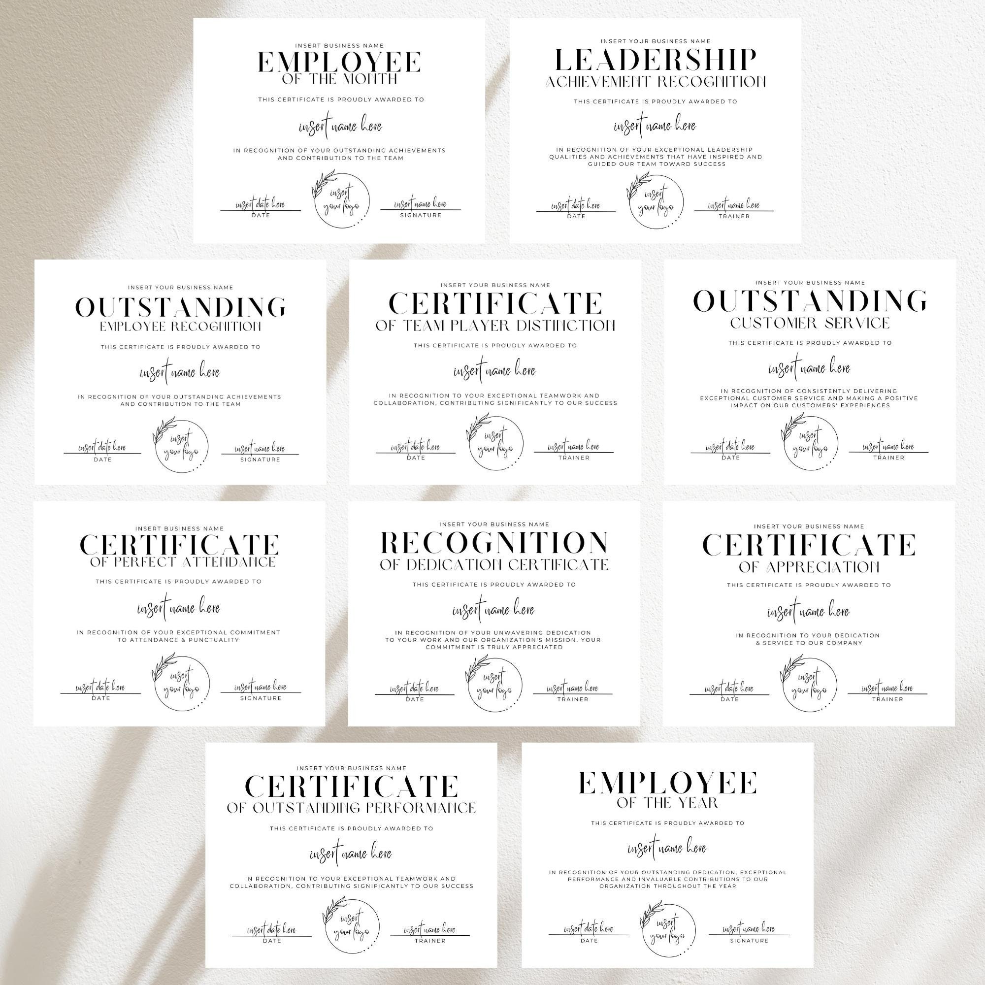 10 Employee Certificate Templates, INSTANT DOWNLOAD, Printable Awards ...
