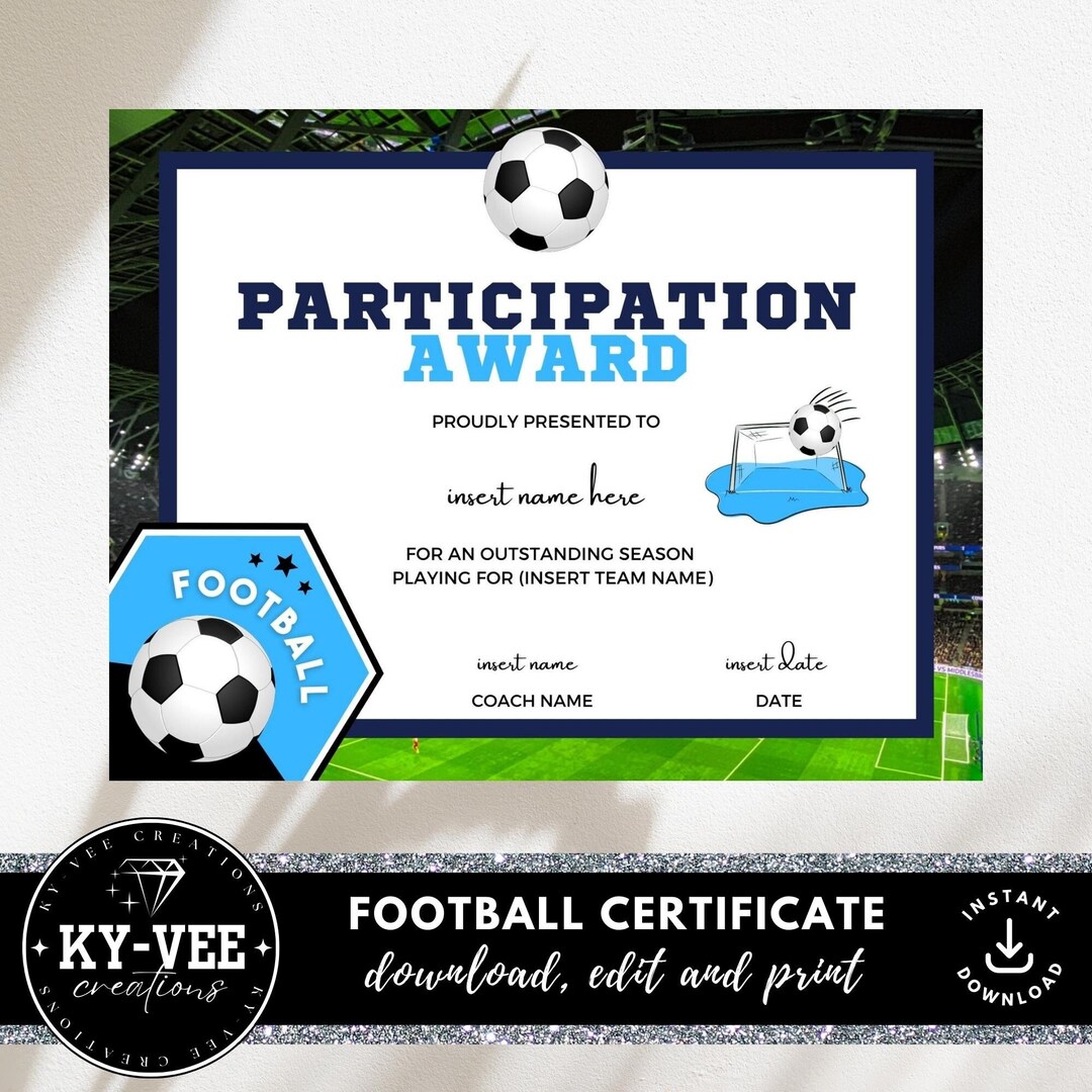 Football Certificate of Participation, INSTANT DOWNLOAD, Editable ...