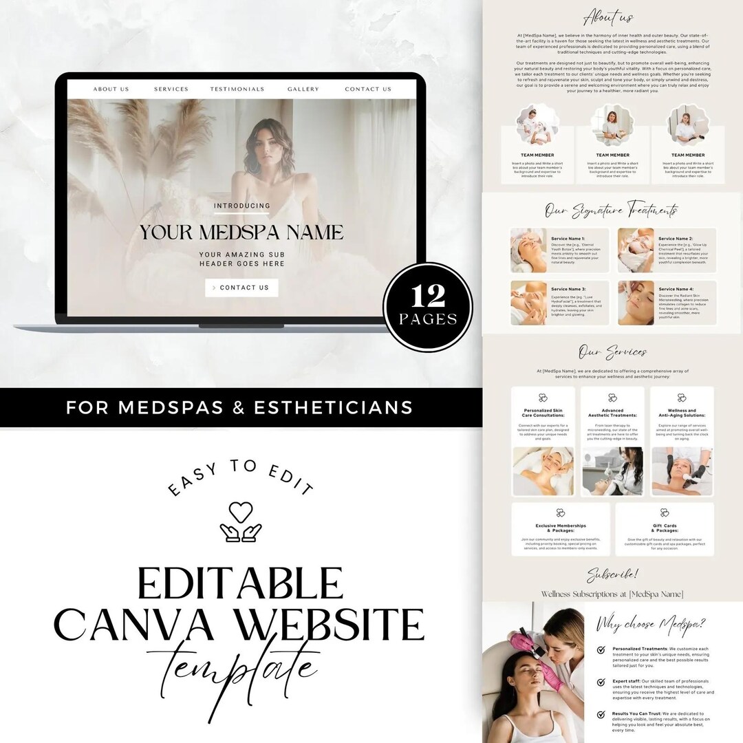 Medspa Canva Website, Esthetician Website Template, Editable Landing ...