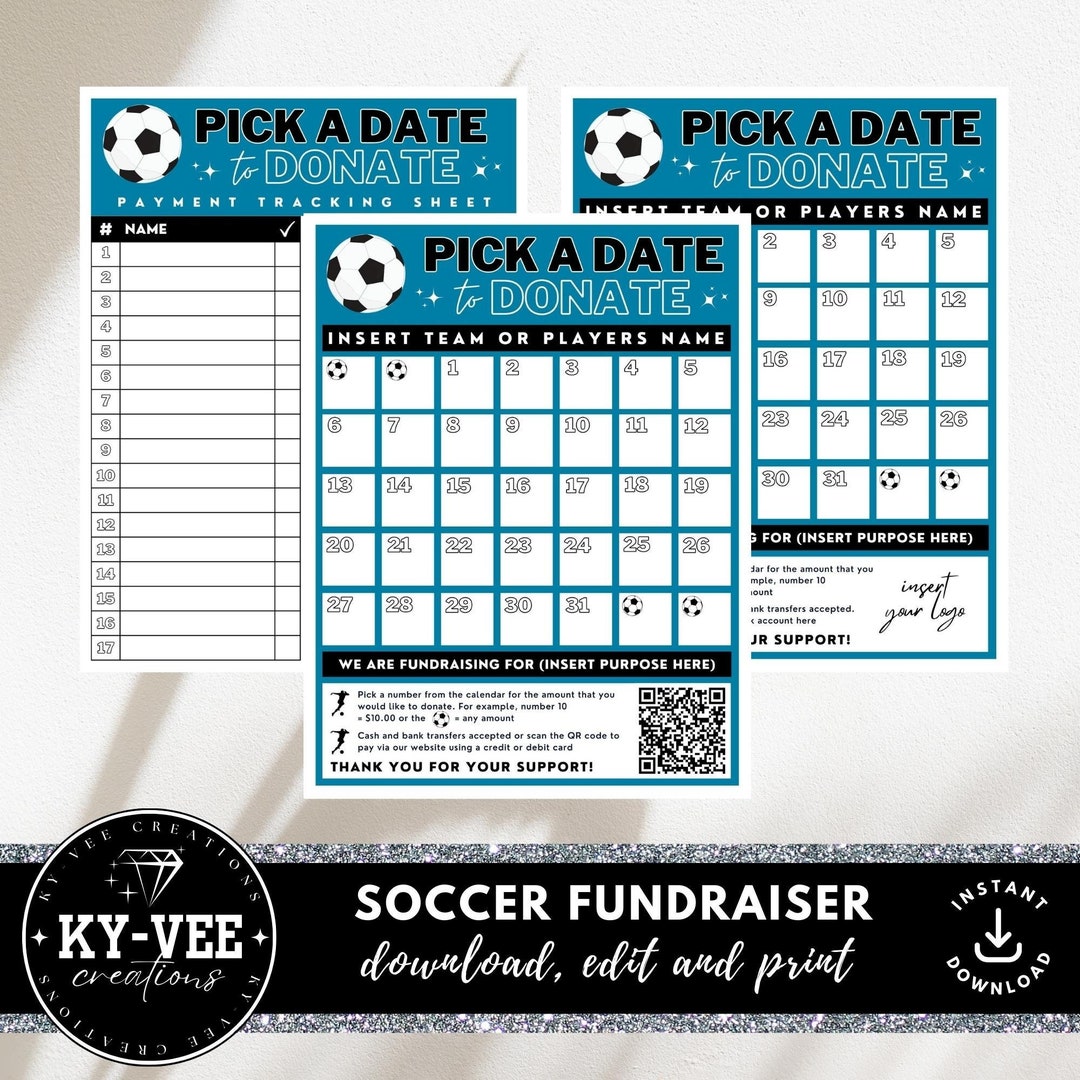 Pick a Date to Donate Soccer Calendar Fundraiser Template, Editable ...