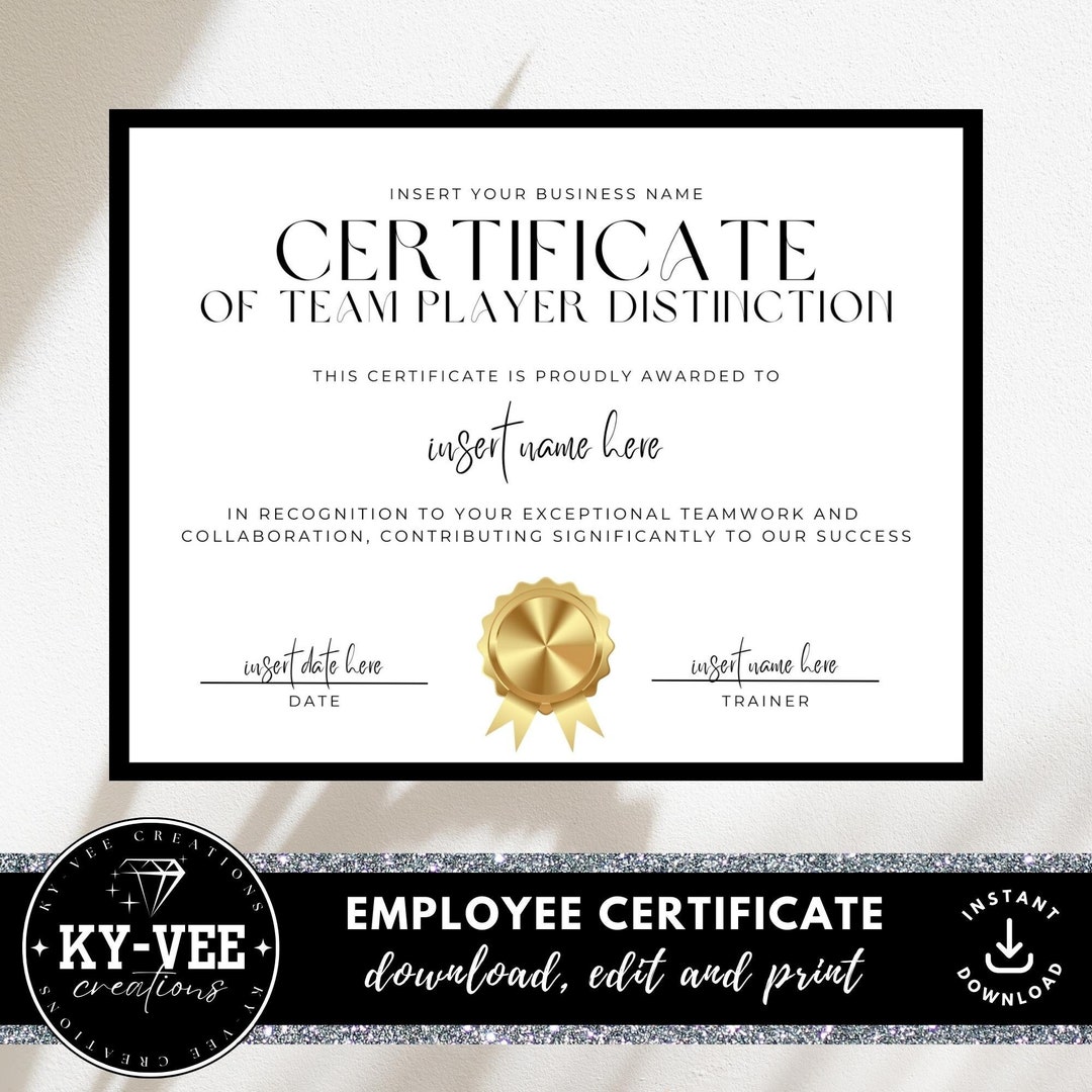 Template for Certificate of Team Player Distinction, INSTANT DOWNLOAD, Printable Employee ...