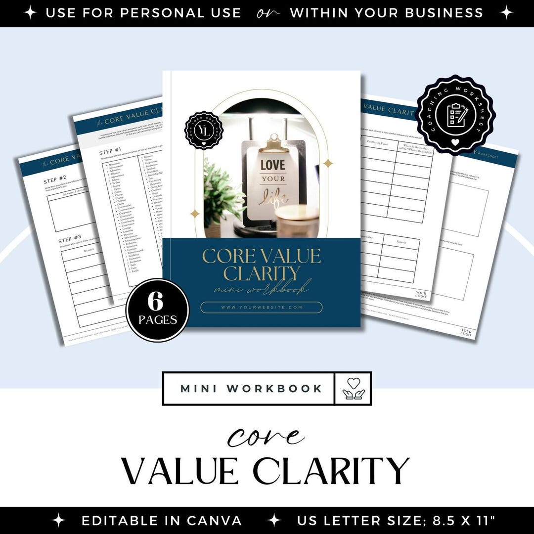 Core Values Workbook, Worksheets, INSTANT DOWNLOAD, Editable Canva ...