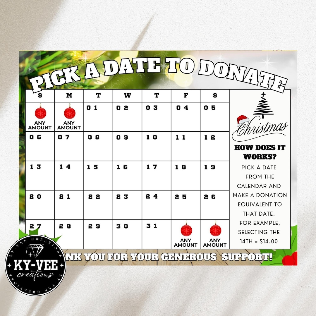 Pick a Date to Donate Christmas Calendar, Printable Fundraiser, Pay the ...