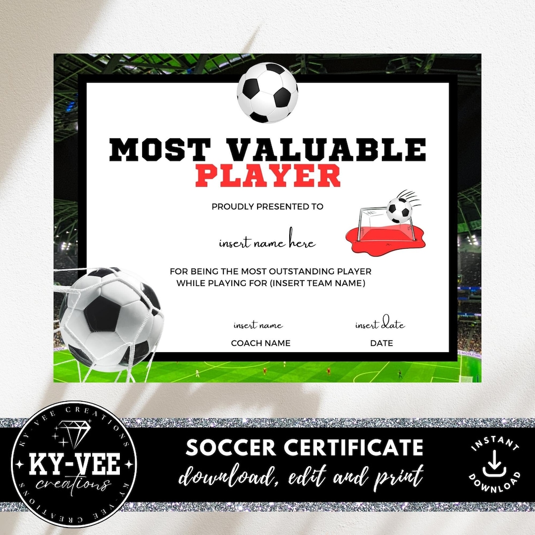 Soccer Most Valuable Player Certificate, INSTANT DOWNLOAD, Editable ...