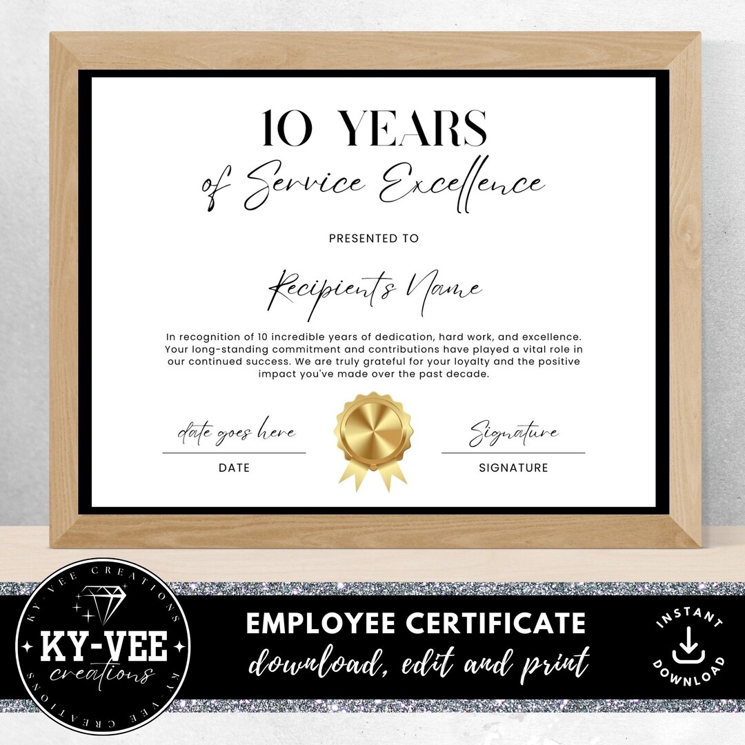10 Years of Service Excellence Certificate, Employee Gift Award, Work ...