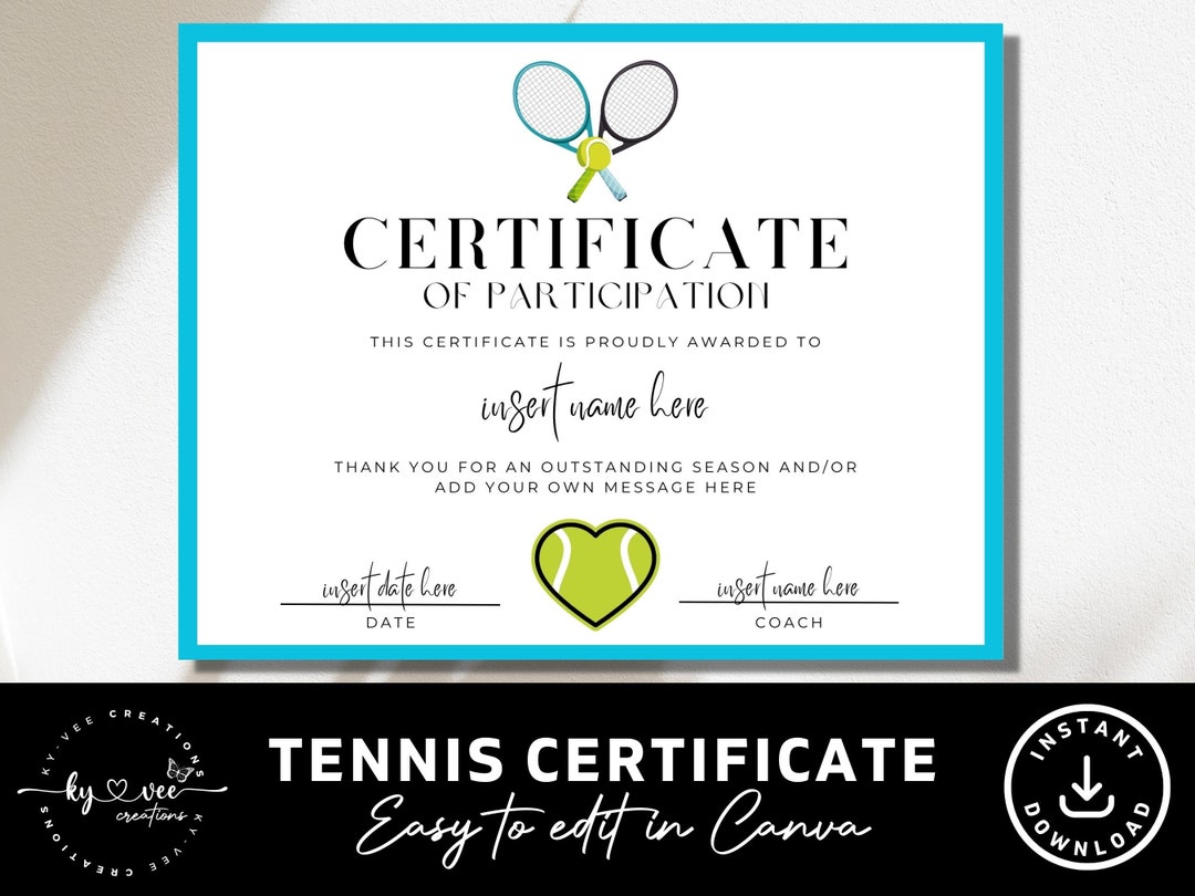 Printable Tennis Certificate Template INSTANT DOWNLOAD - Etsy