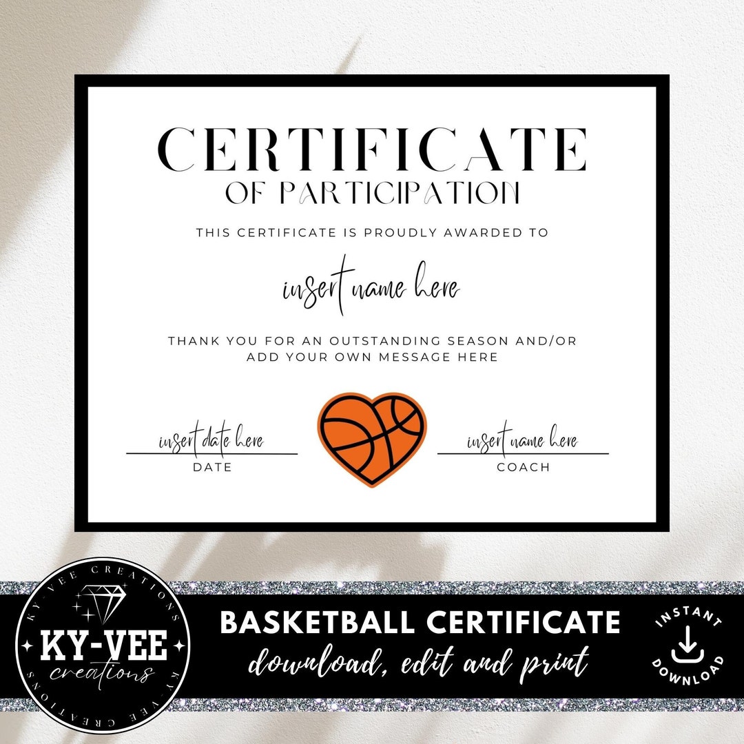 Basketball Award Certificate Template, INSTANT DOWNLOAD, Printable B ...