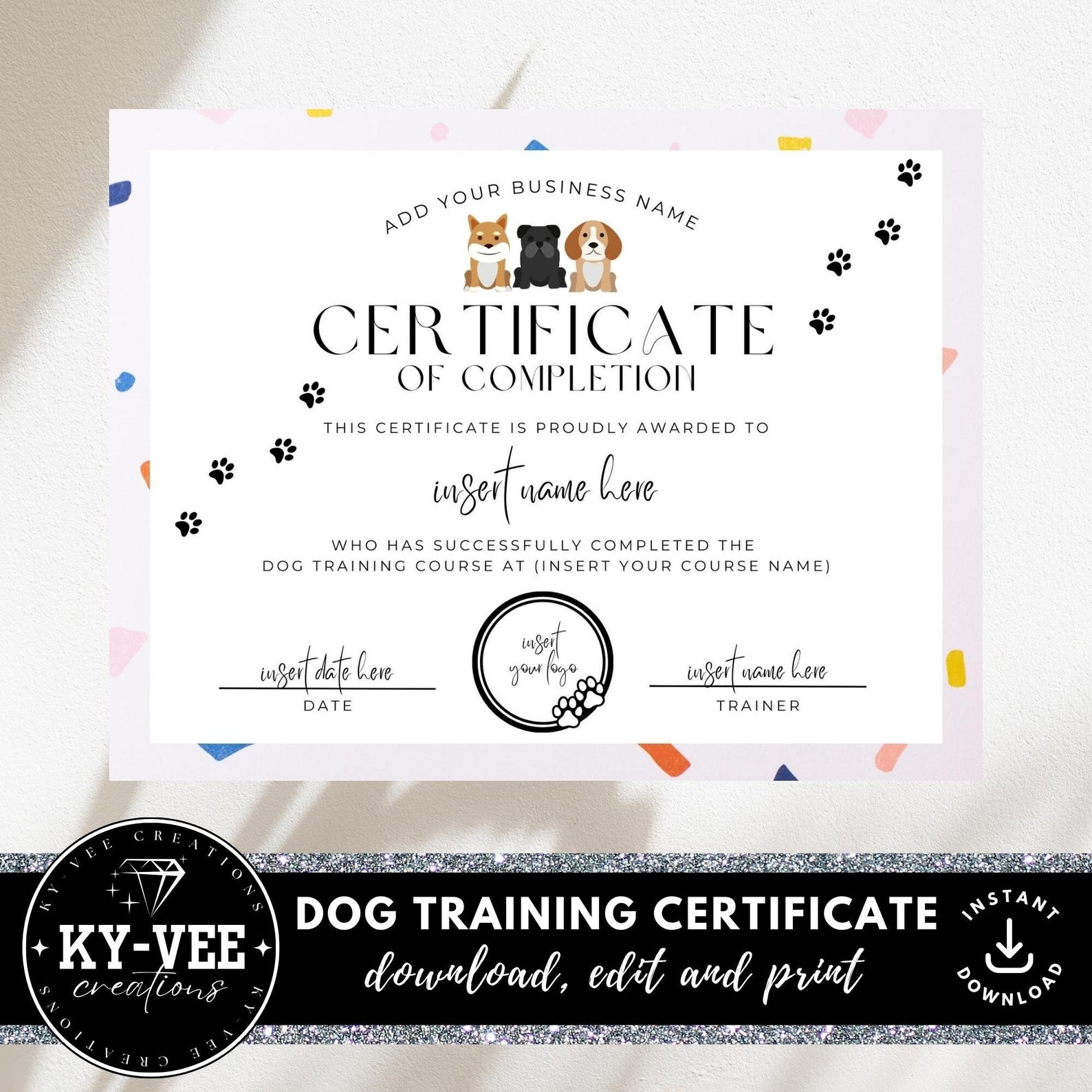 Printable Dog Training Certificate Template, INSTANT DOWNLOAD, Course ...