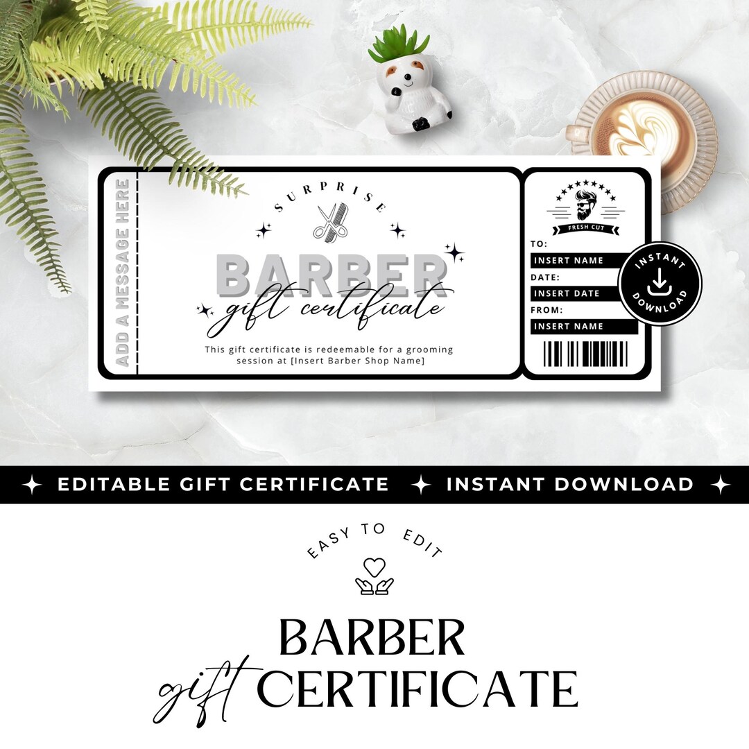 Barber Gift Certificate, Printable Hair Cut Styling Coupons, Editable ...