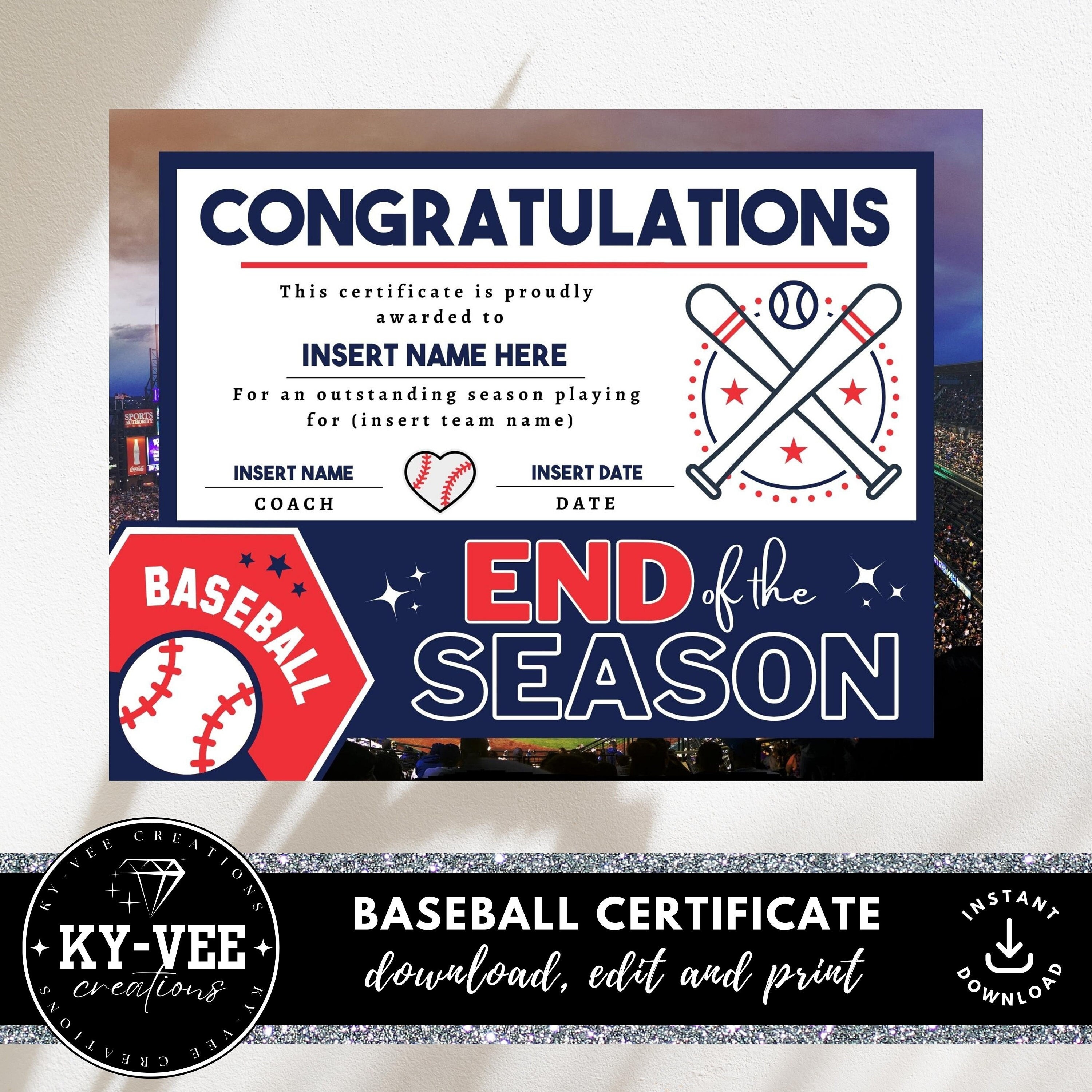 Editable Baseball Certificate Template, INSTANT DOWNLOAD, Printable ...