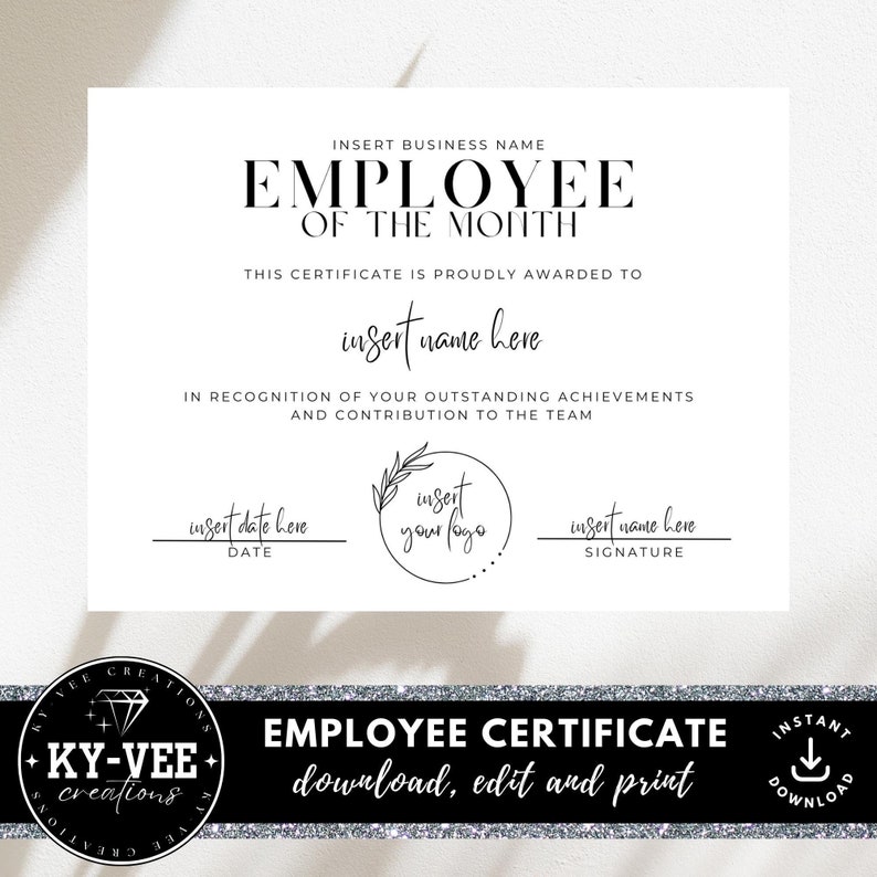 Employee Recognition Certificate Template, INSTANT DOWNLOAD, Printable ...