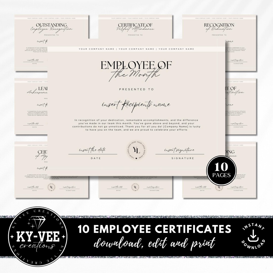10 Employee Certificate Templates, INSTANT DOWNLOAD, Printable Awards ...