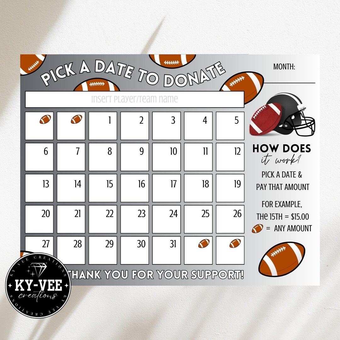 Pick a Date Football Calendar, Printable Fundraiser, Pay the Day ...