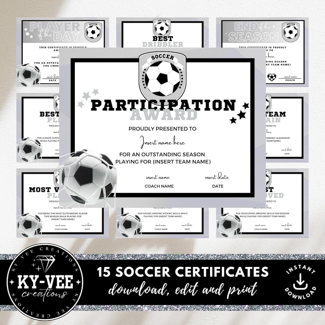 15 Printable Soccer Award Certificates INSTANT DOWNLOAD, Editable ...
