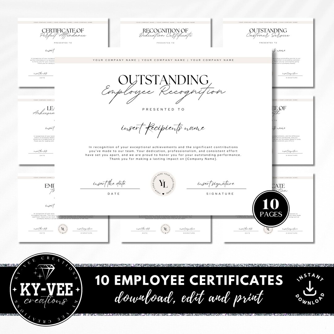 10 Employee Certificate Templates, INSTANT DOWNLOAD, Printable Awards ...