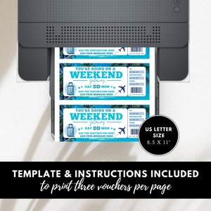 Weekend Getaway Gift Certificate, INSTANT DOWNLOAD, Printable Travel ...