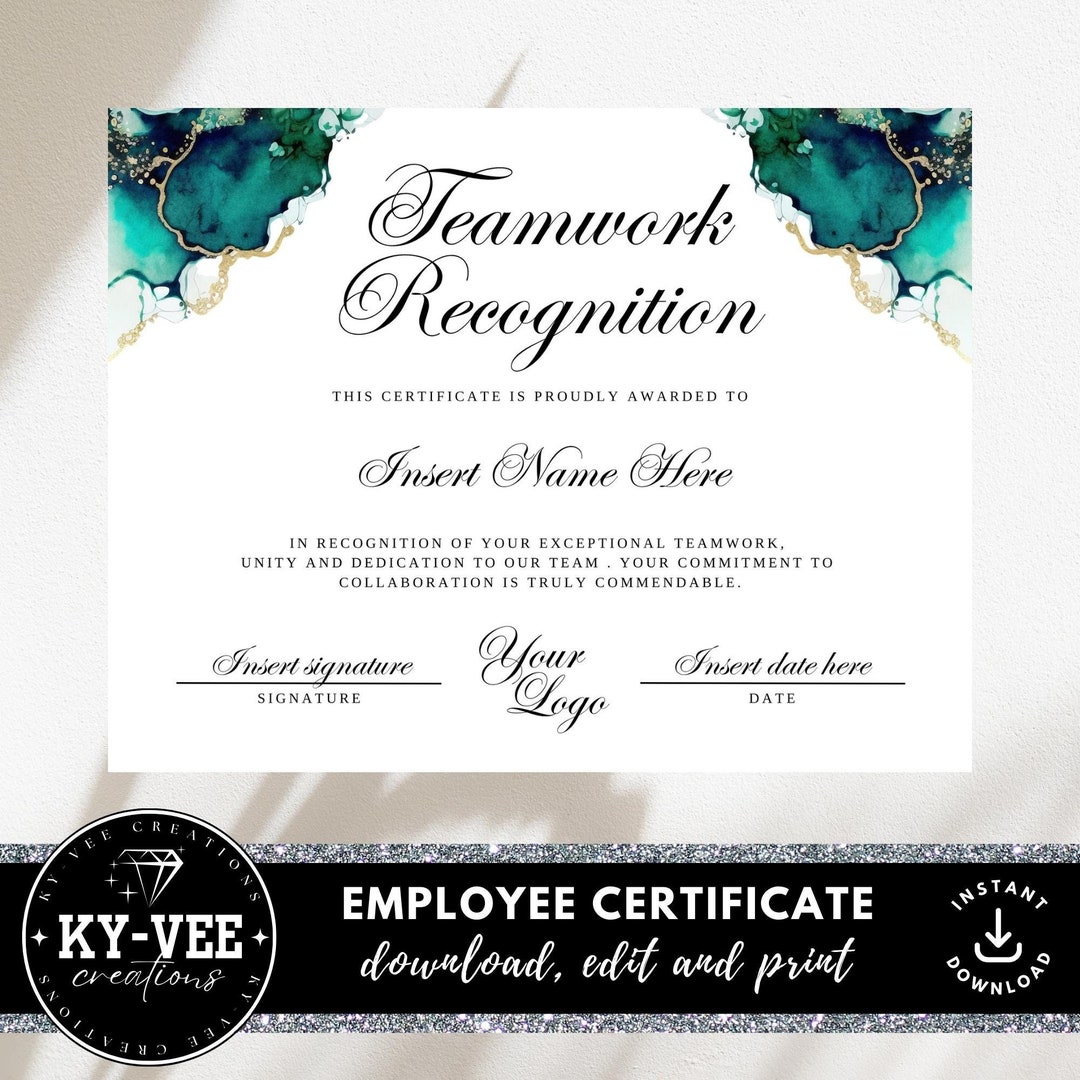 Teamwork Recognition Certificate, INSTANT DOWNLOAD, Printable Employee ...
