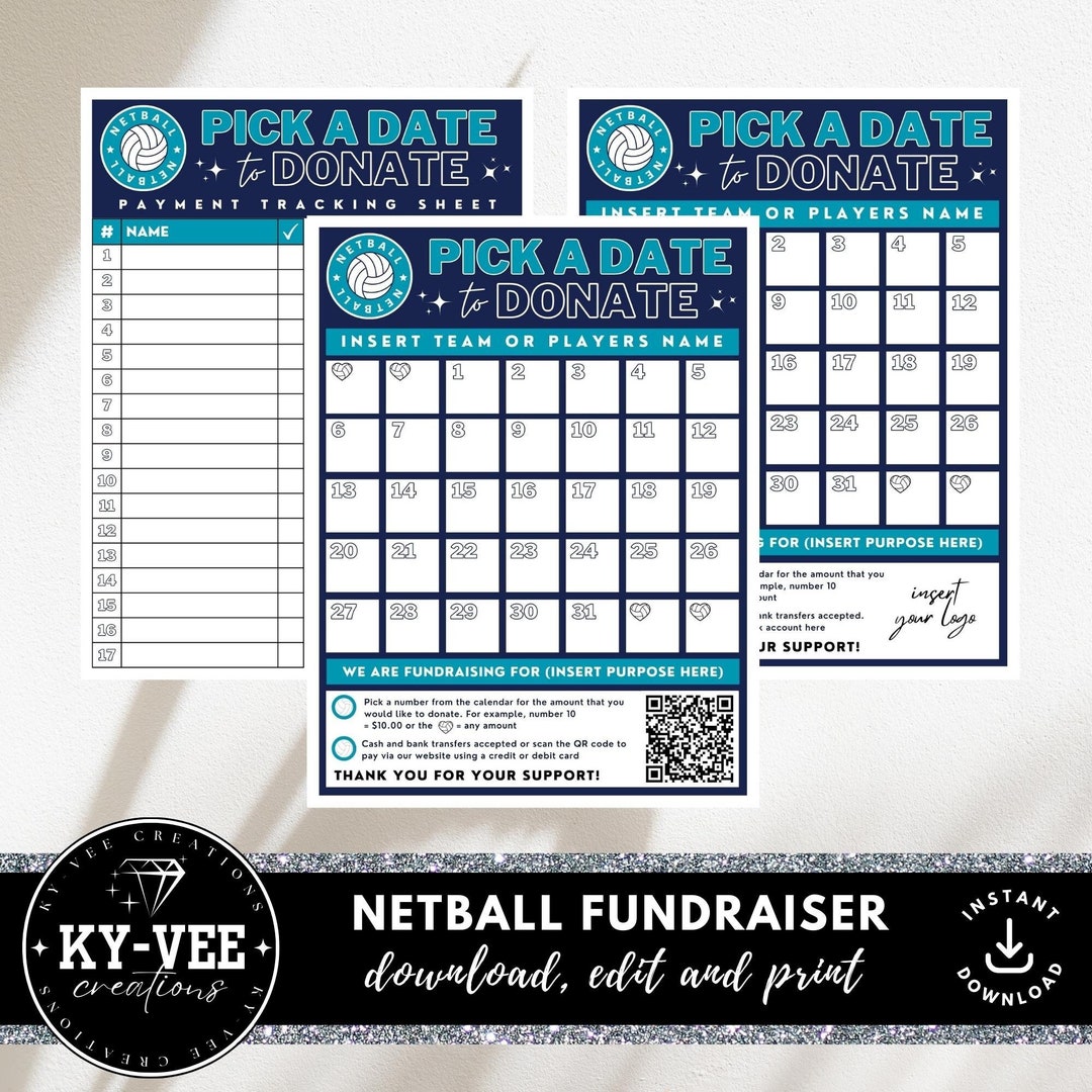 Netball Calendar Fundraiser, Printable Pick a Date to Donate Template ...