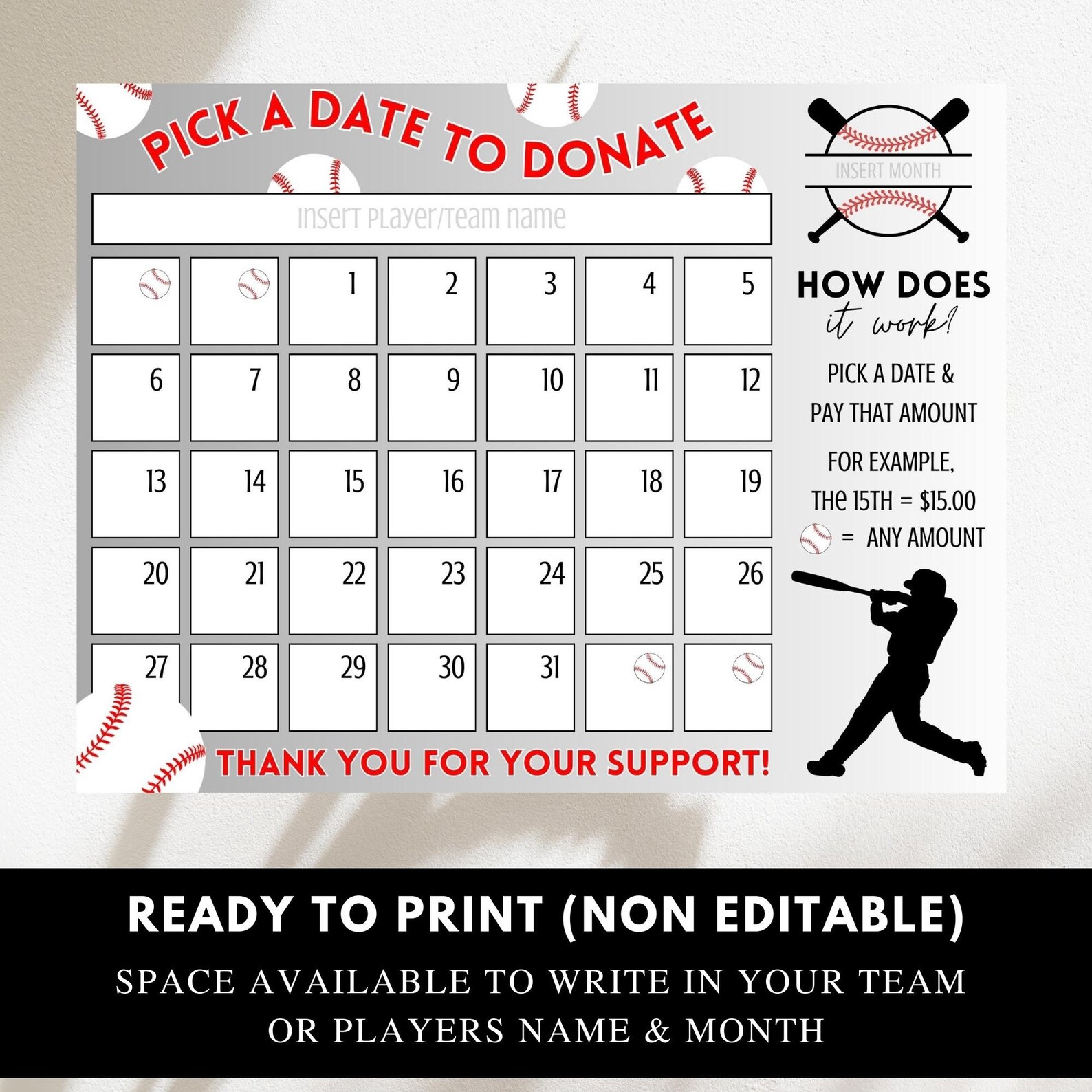 Pick a Date to Donate Baseball Calendar, Printable Fundraiser, Pay the ...