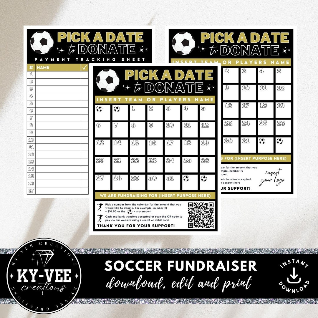 Pick a Date to Donate Soccer Calendar Fundraiser Template, Editable ...