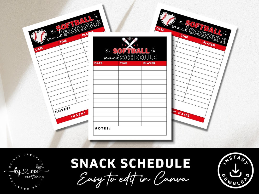 Softball Schedule Template INSTANT DOWNLOAD Printable Snack - Etsy