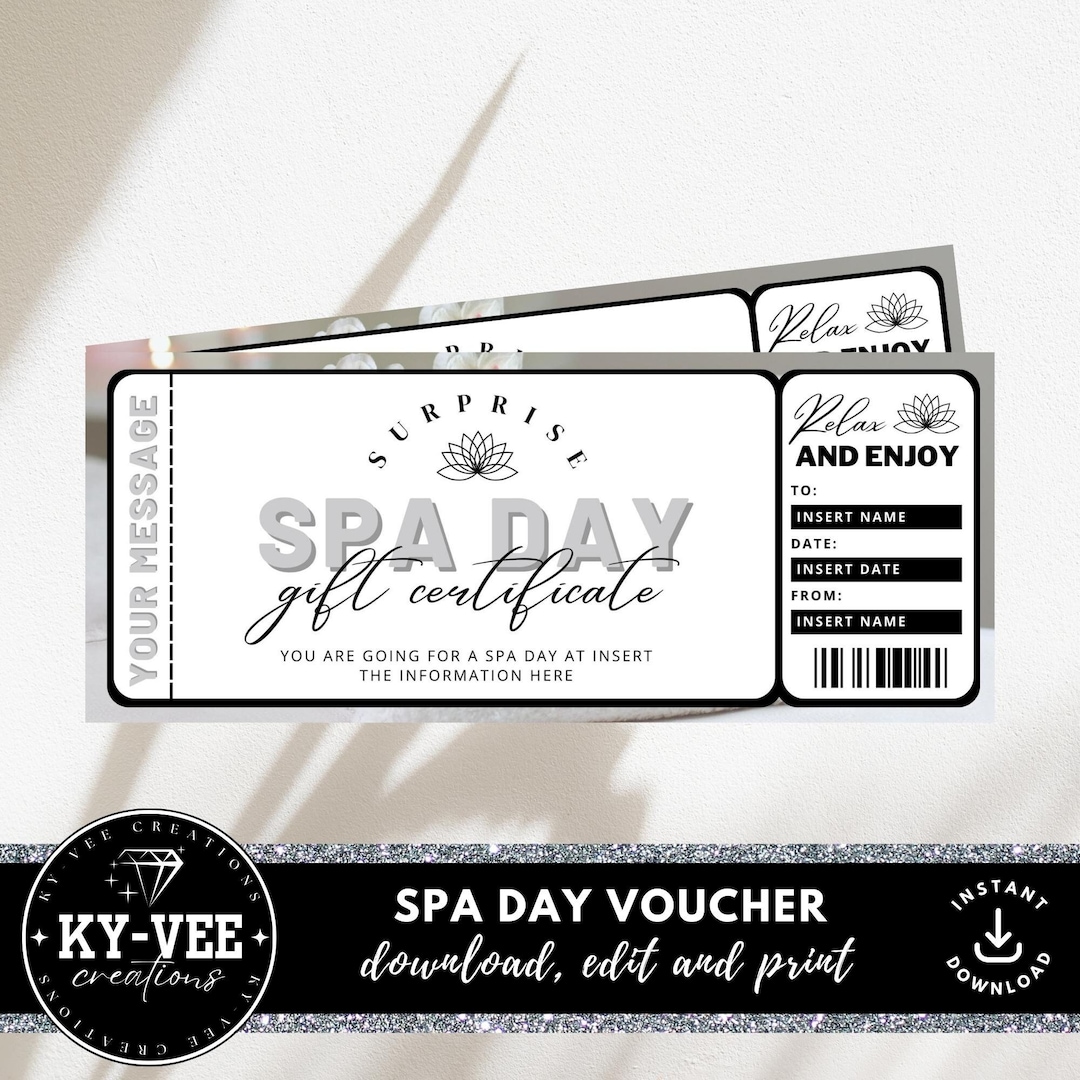 Spa Massage Gift Card, INSTANT DOWNLOAD, Printable Spa Day Voucher ...