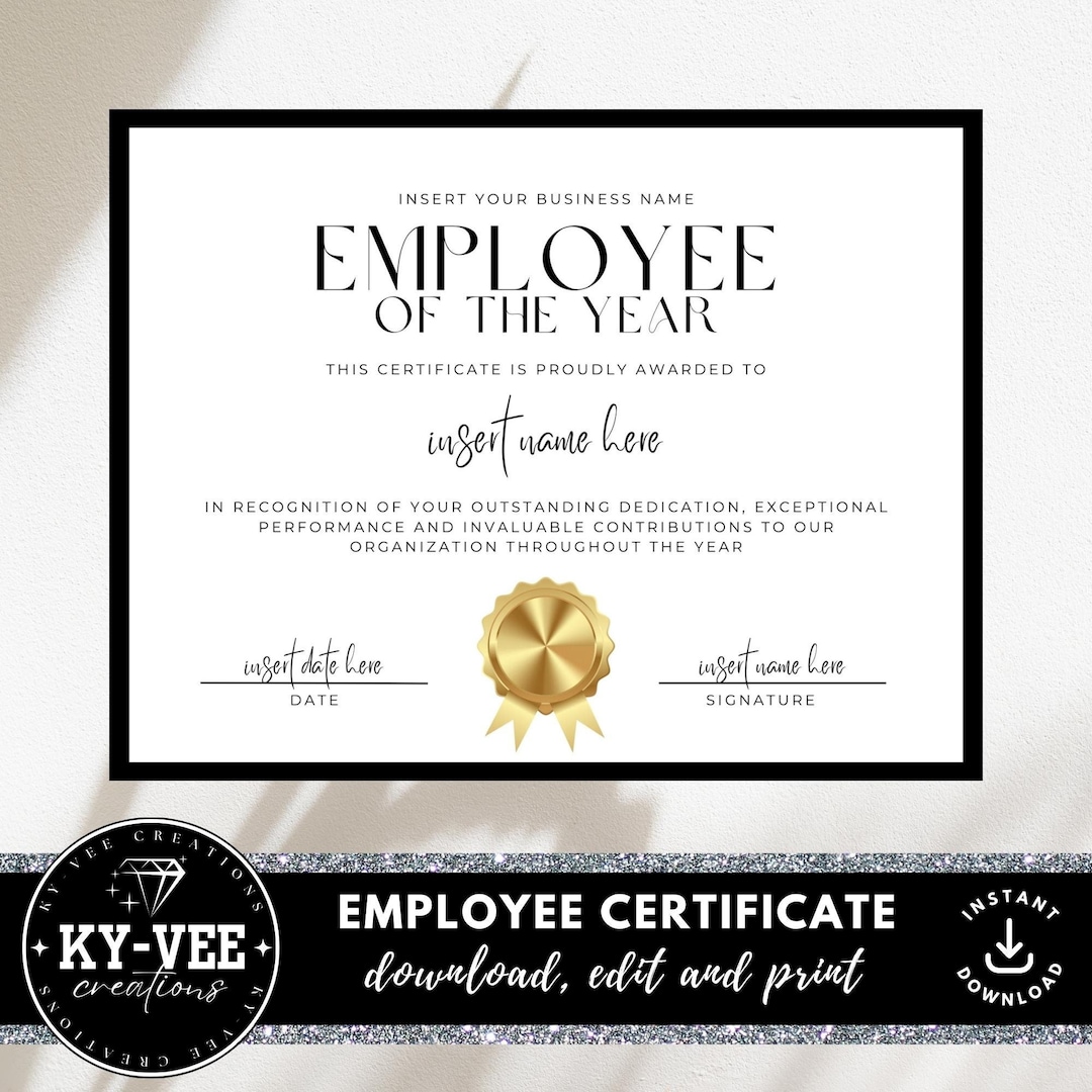 Employee of the Year Certificate Template, INSTANT DOWNLOAD, Employee ...
