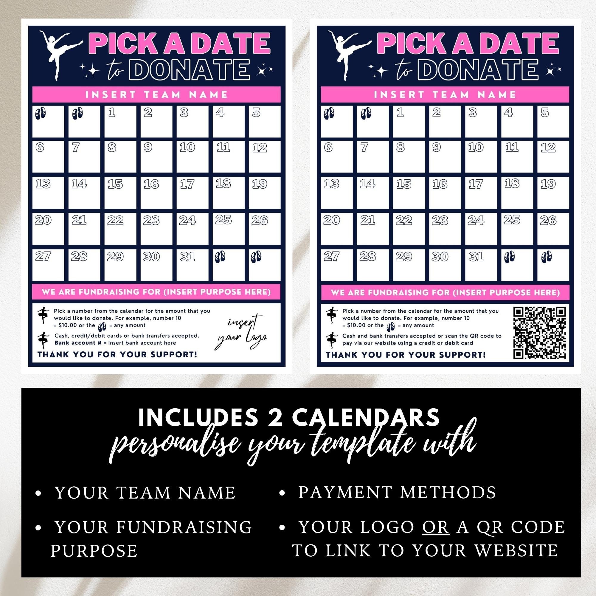Pick a Date to Donate Dance Calendar Editable Sponsor Package - Etsy