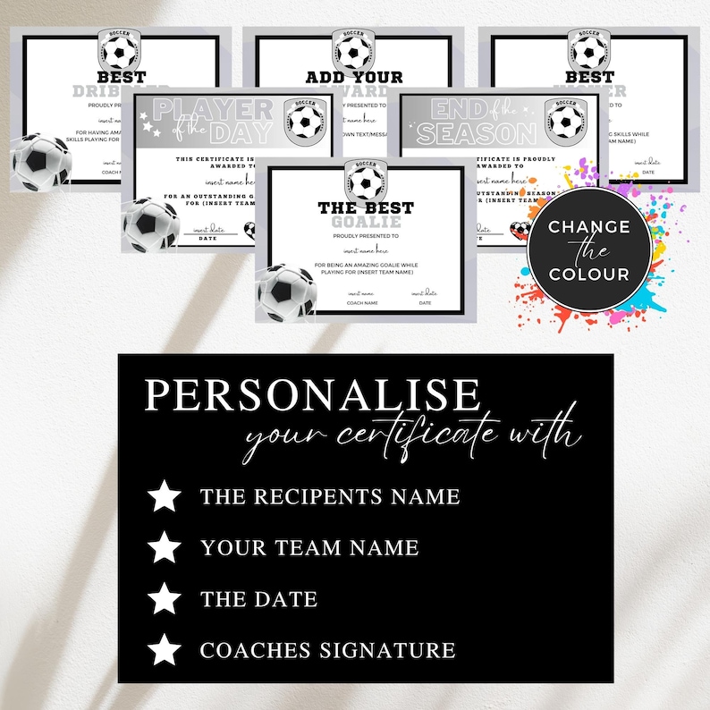 15 Printable Soccer Award Certificates INSTANT DOWNLOAD, Editable ...