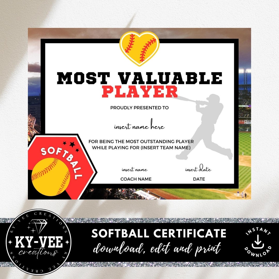 Softball Certificate Template, INSTANT DOWNLOAD, Most Valuable Player ...