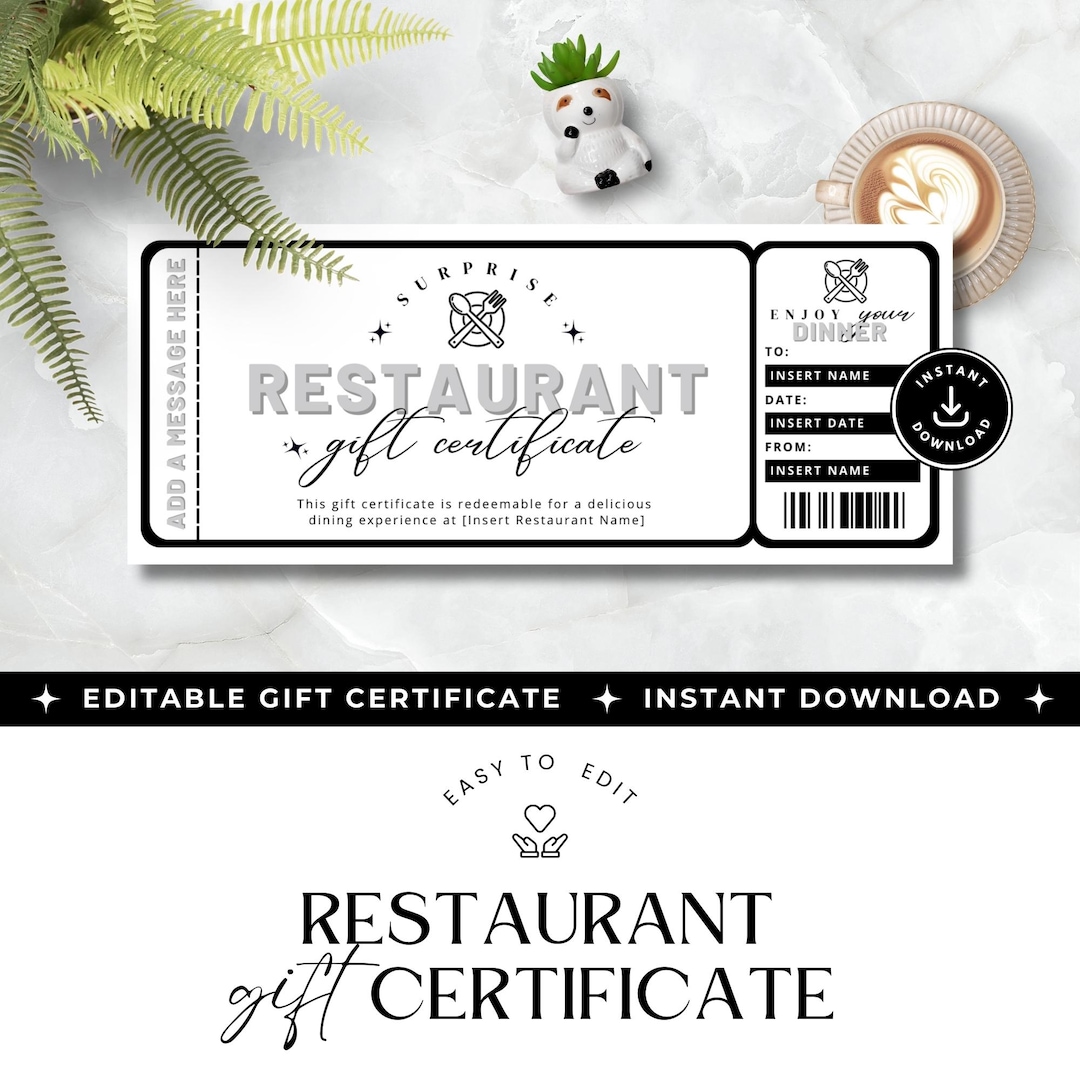 Gift Certificate Restaurant, INSTANT DOWNLOAD, Printable Food Voucher ...