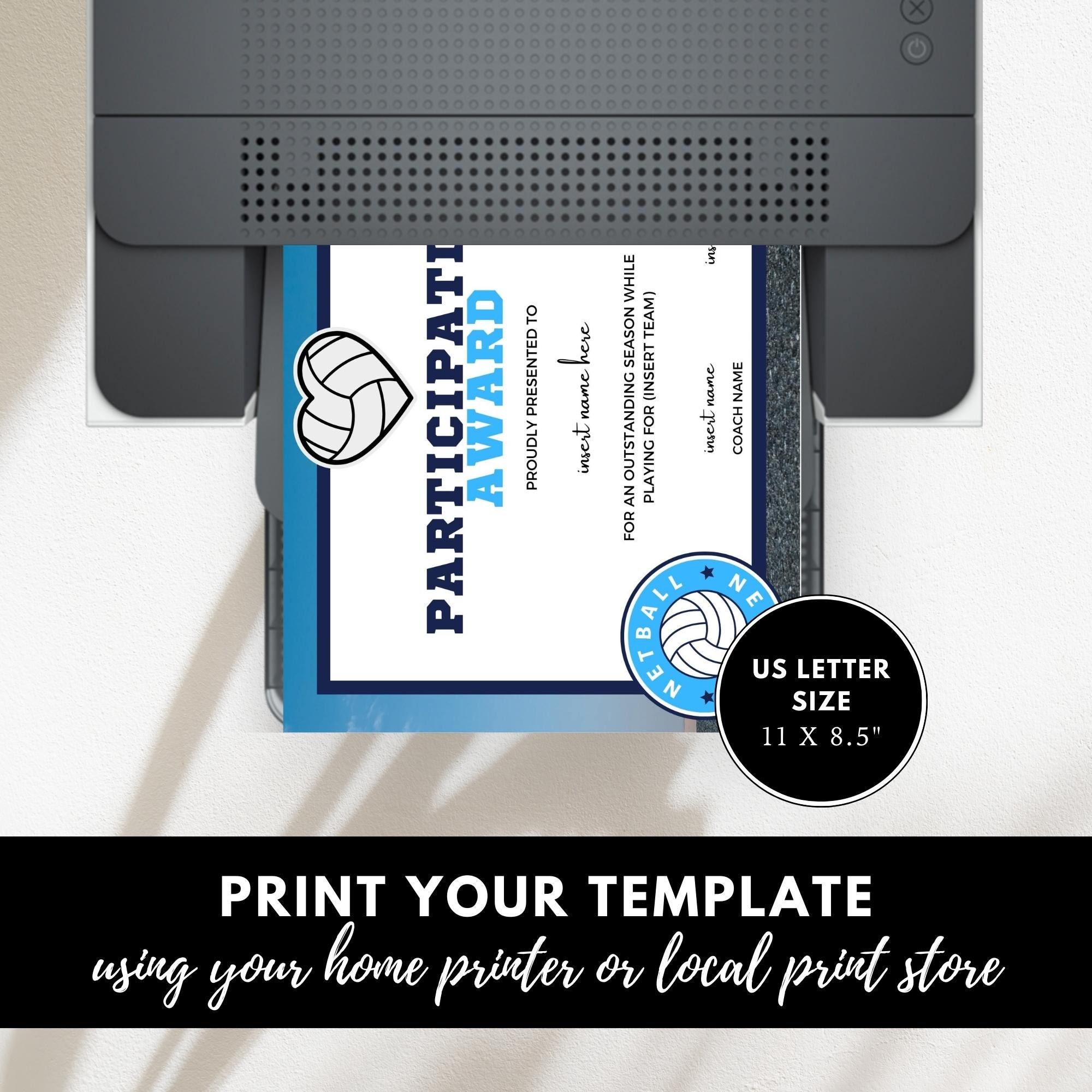 Netball Certificate Template, INSTANT DOWNLOAD, Printable Participation ...